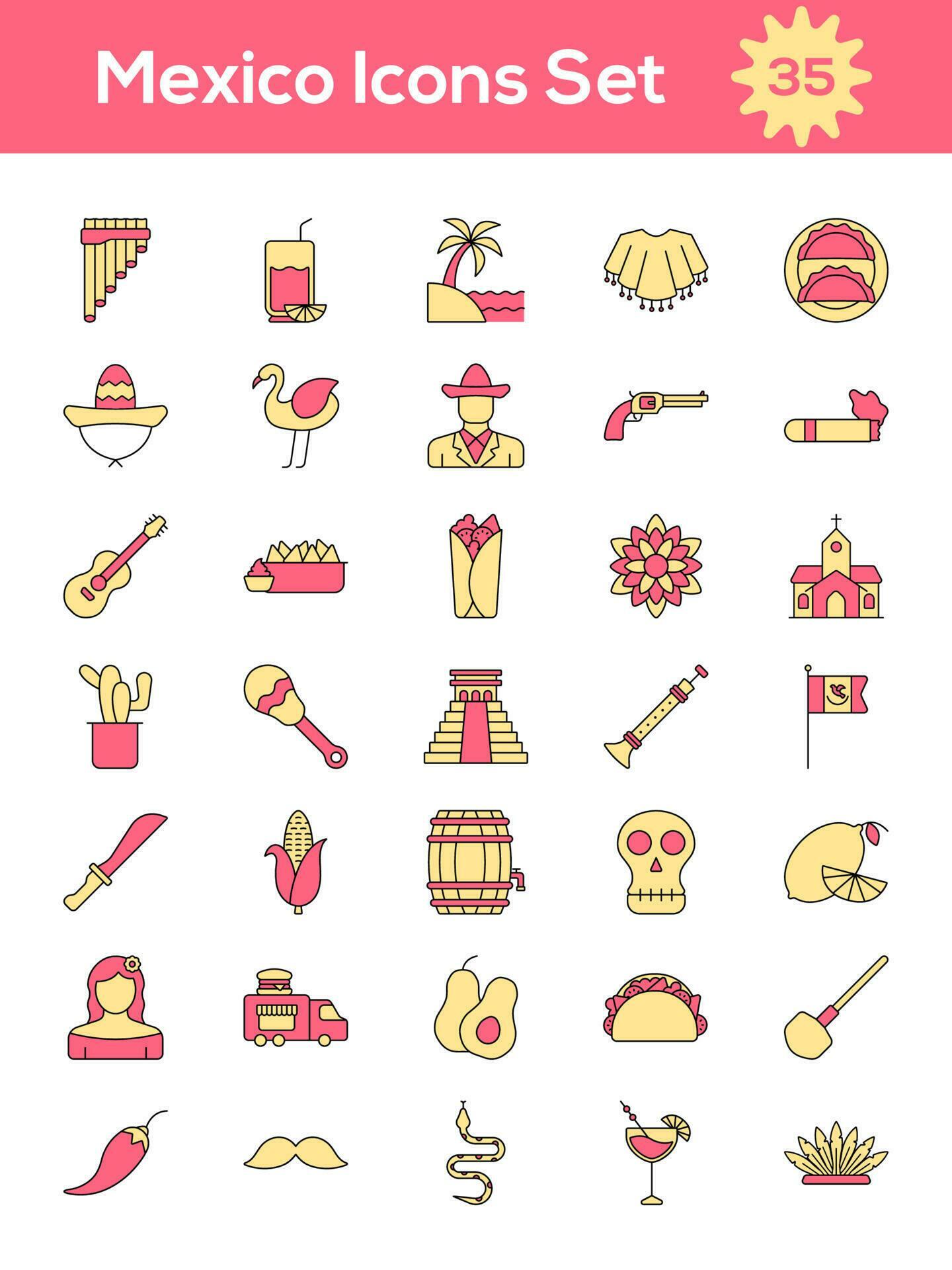 Flat Style Mexico Icon Set In Yellow And Red Color. 23322488 Vector Art ...