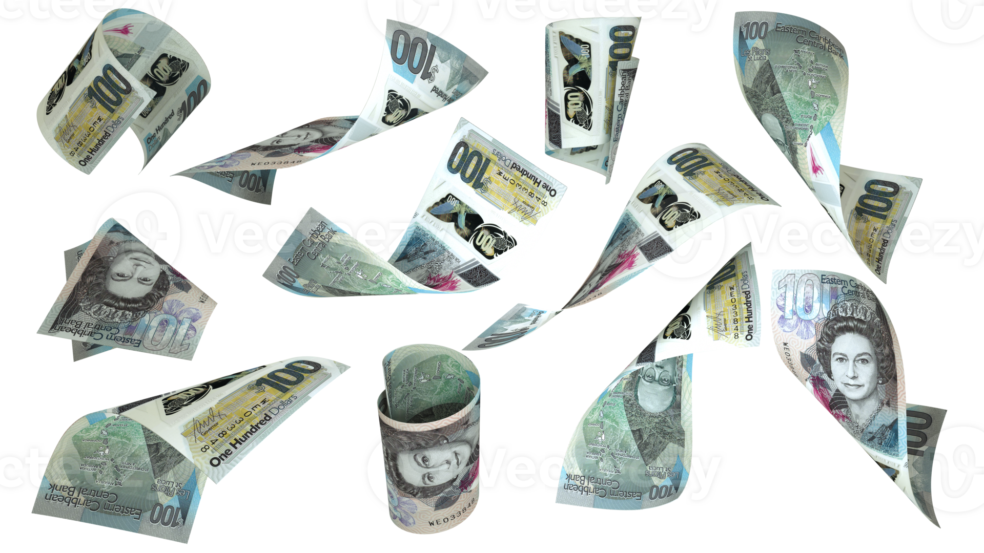 3d Rendering Of New 100 Eastern Caribbean Dollar Notes Flying In Different Angles And
