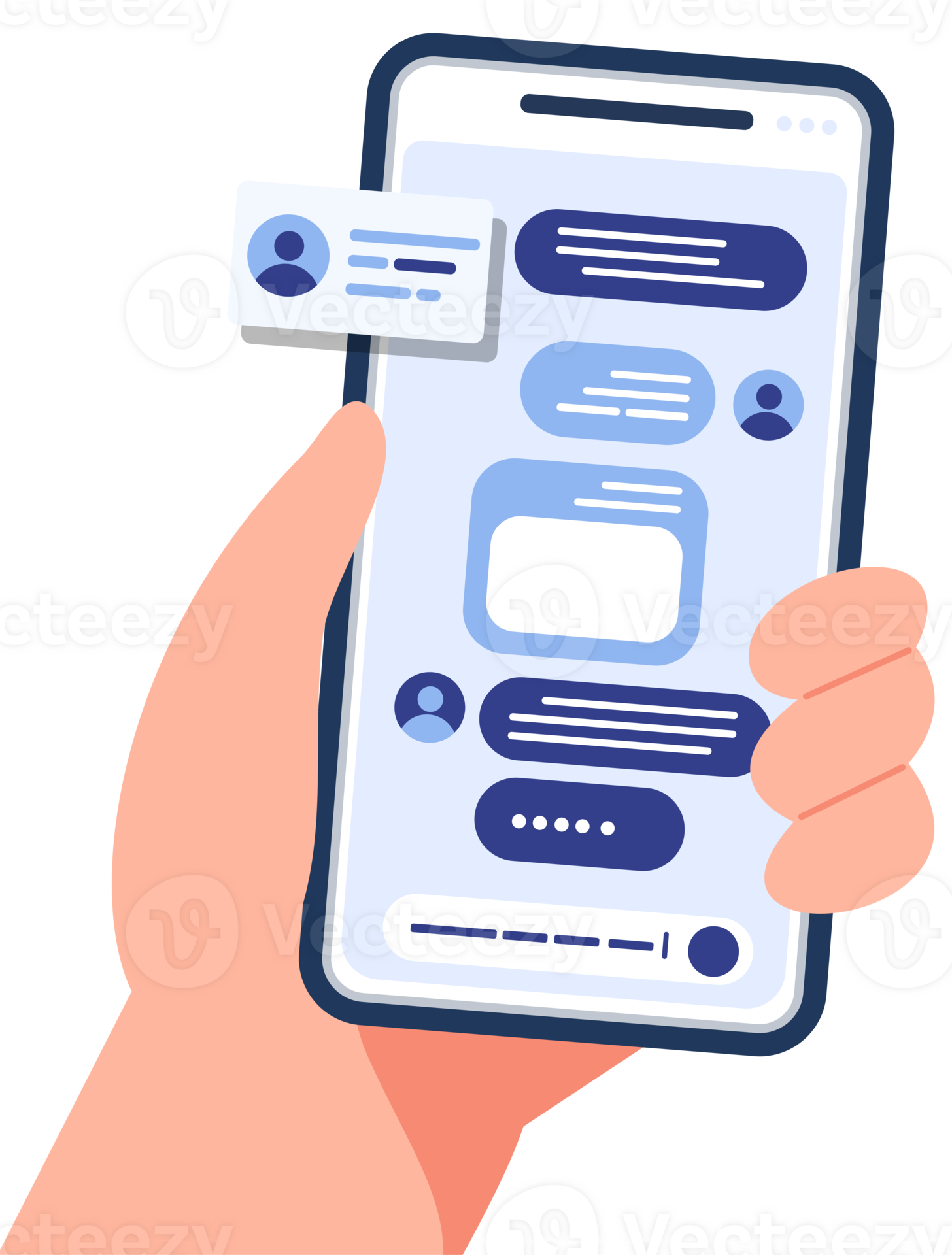 Hand holding phone with chat message. Chat with friends and send ... Hand holding phone with chat message. Chat with friends and send ...