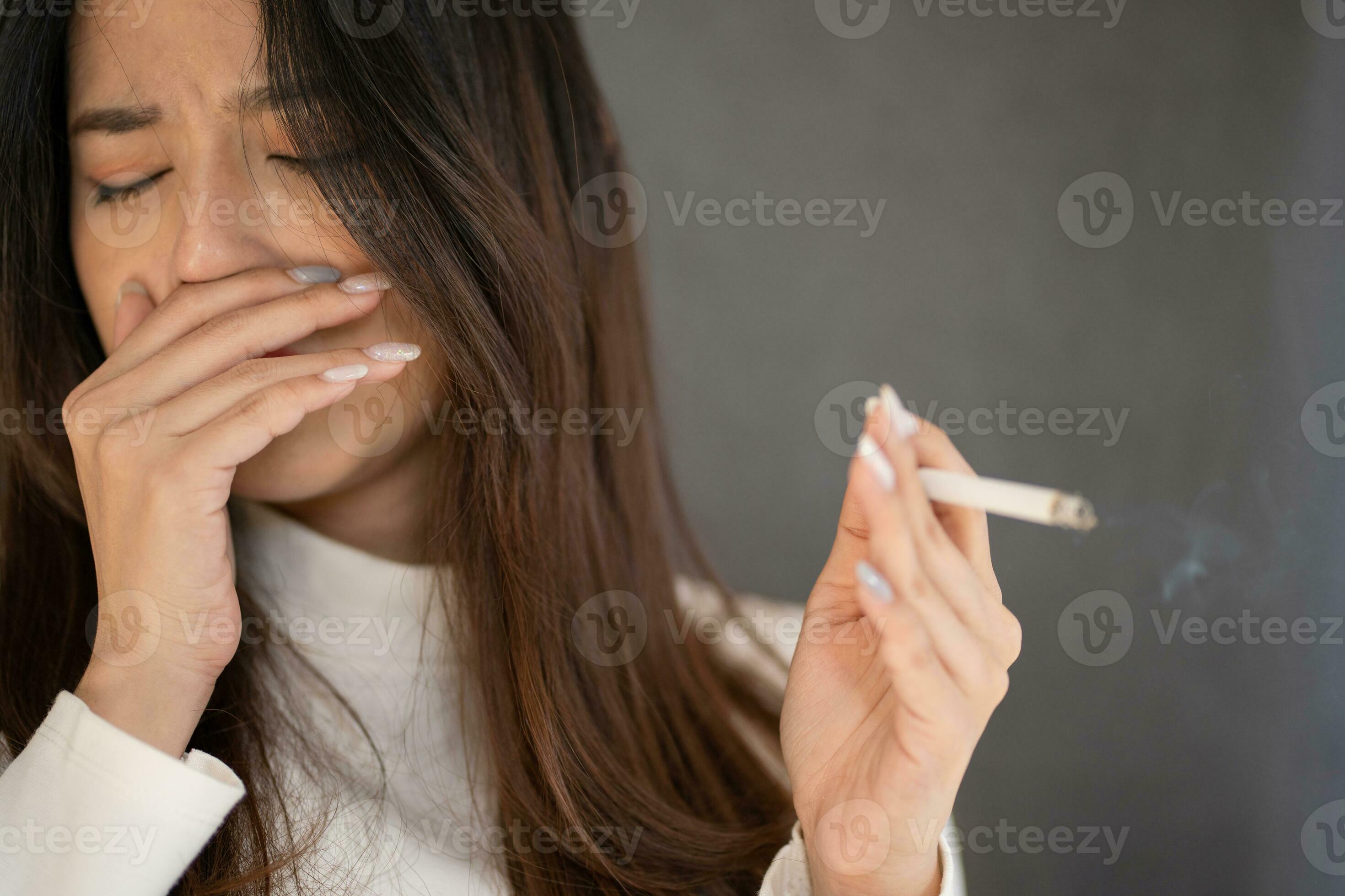 Closeup Asian Woman Coughing From Smoking Cigarette 23328701 Stock
