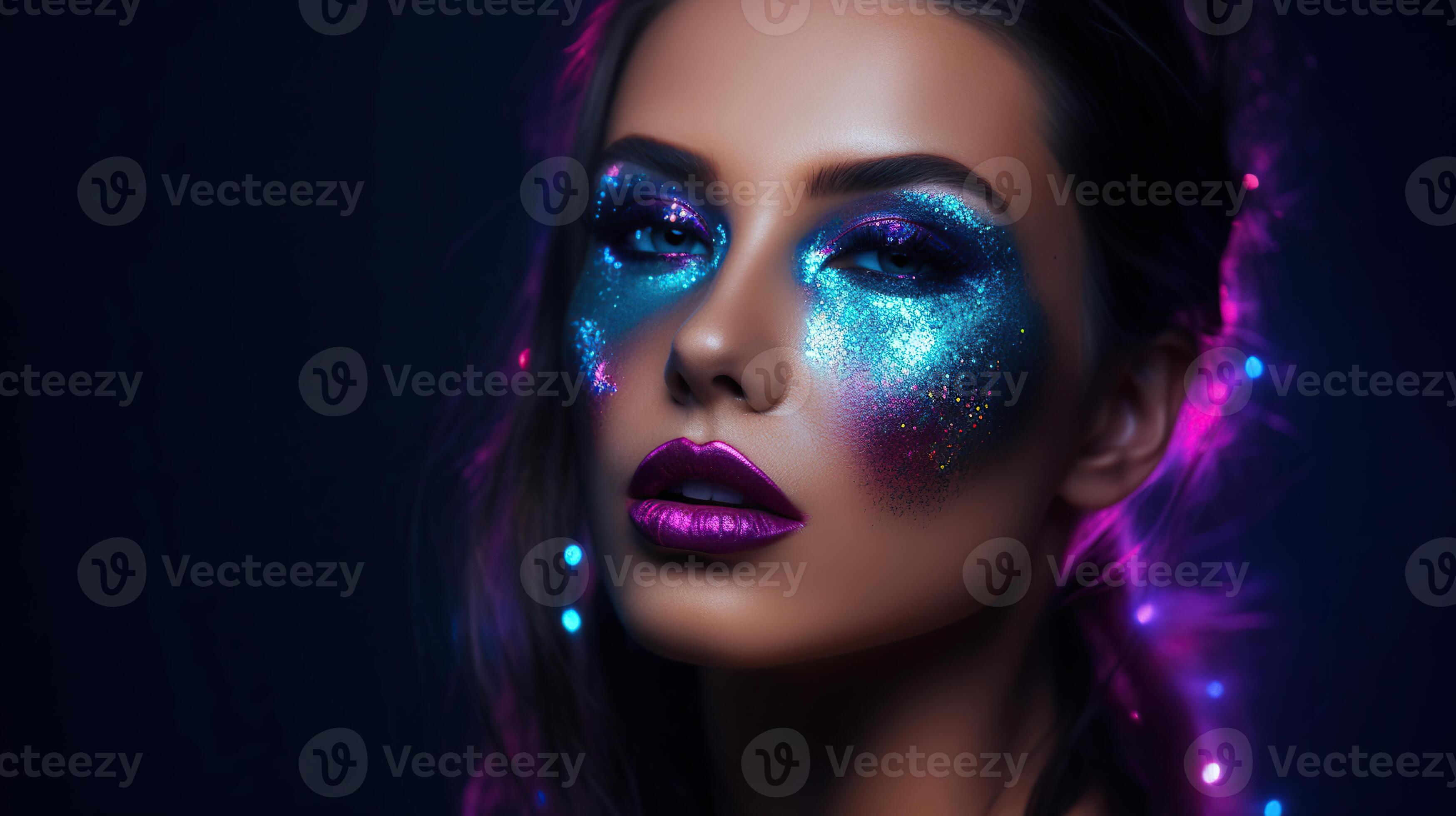 High Fashion Model Metallic Silver Lips Woman In Colorful Bright Neon