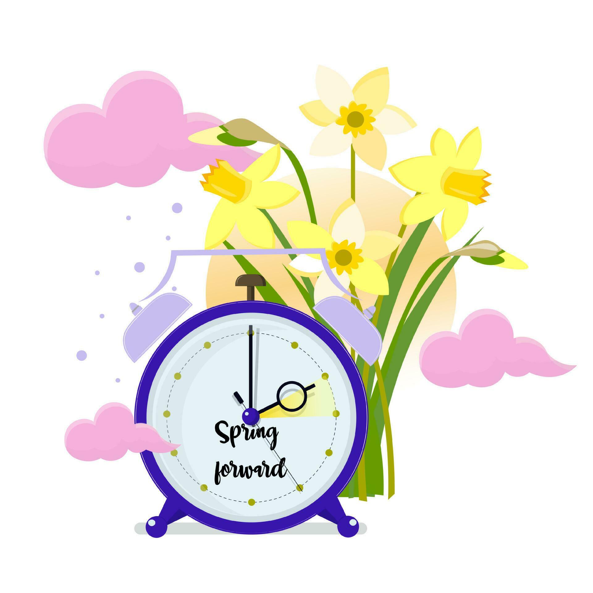 Daylight saving time concept. Clocks move forward. Daffodils and sun ...