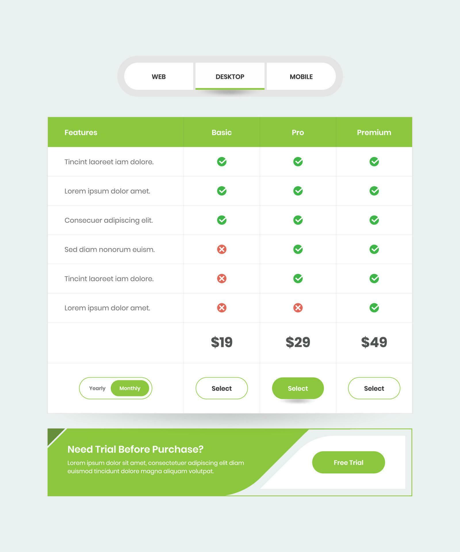 Minimalistic web subscription pricing comparison table interface design ...