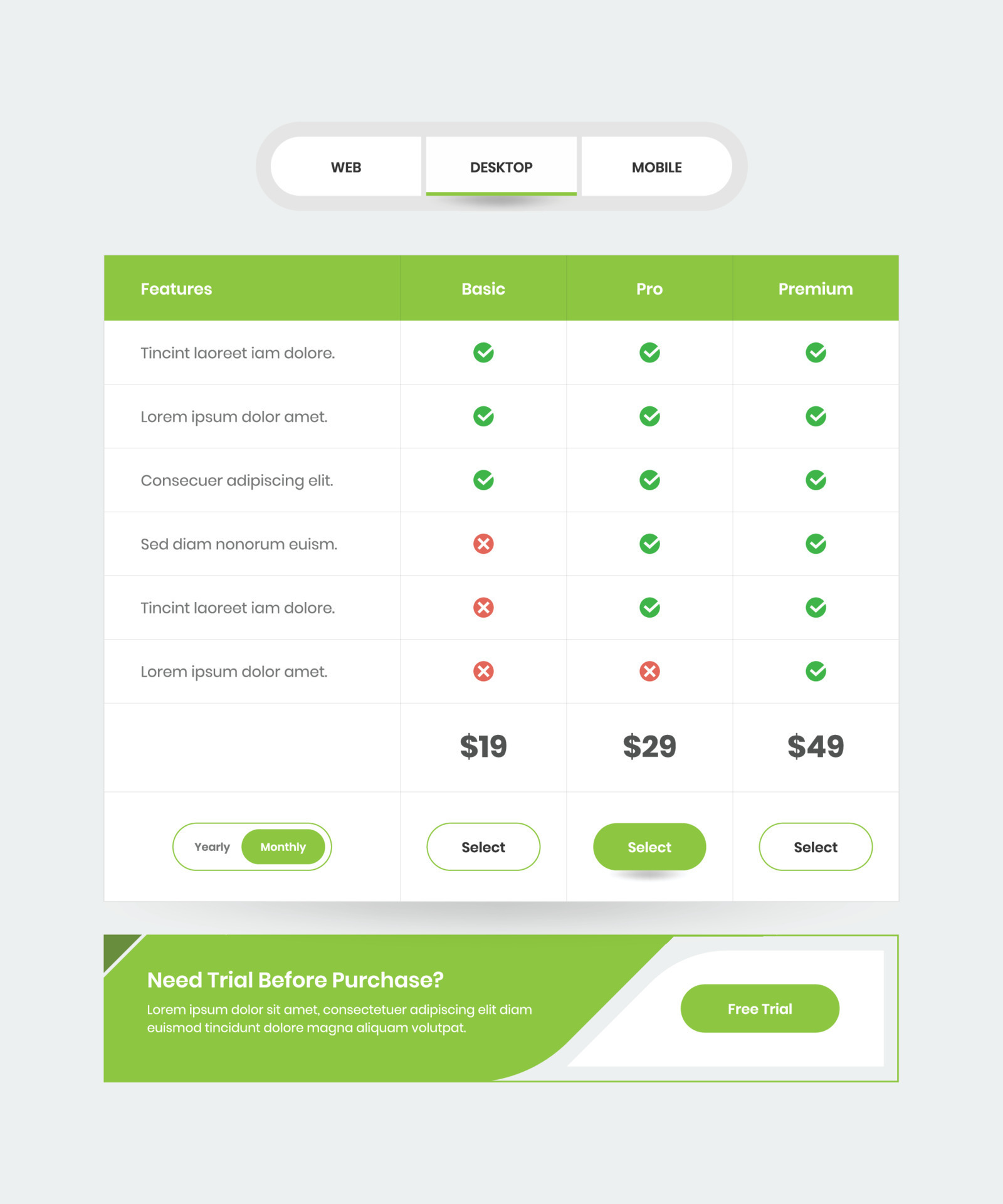 Minimalistic Web Subscription Pricing Comparison Table Interface Design