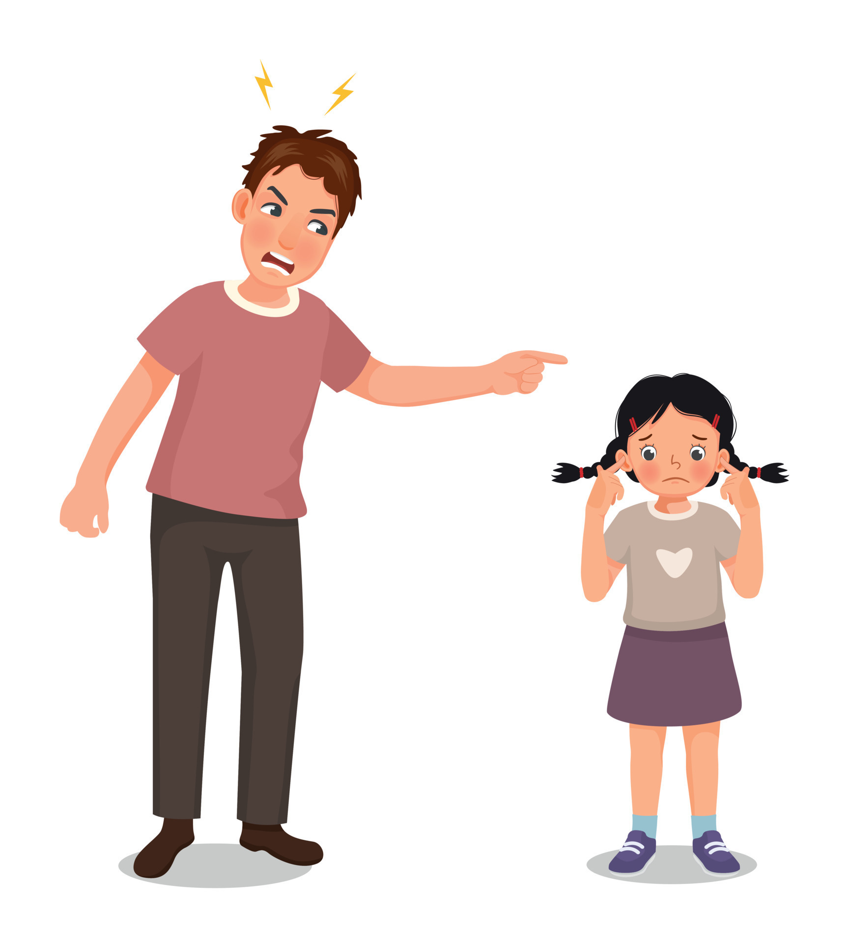 Angry father scolding his little daughter for bad behavior and ignorance who covering her ears ...