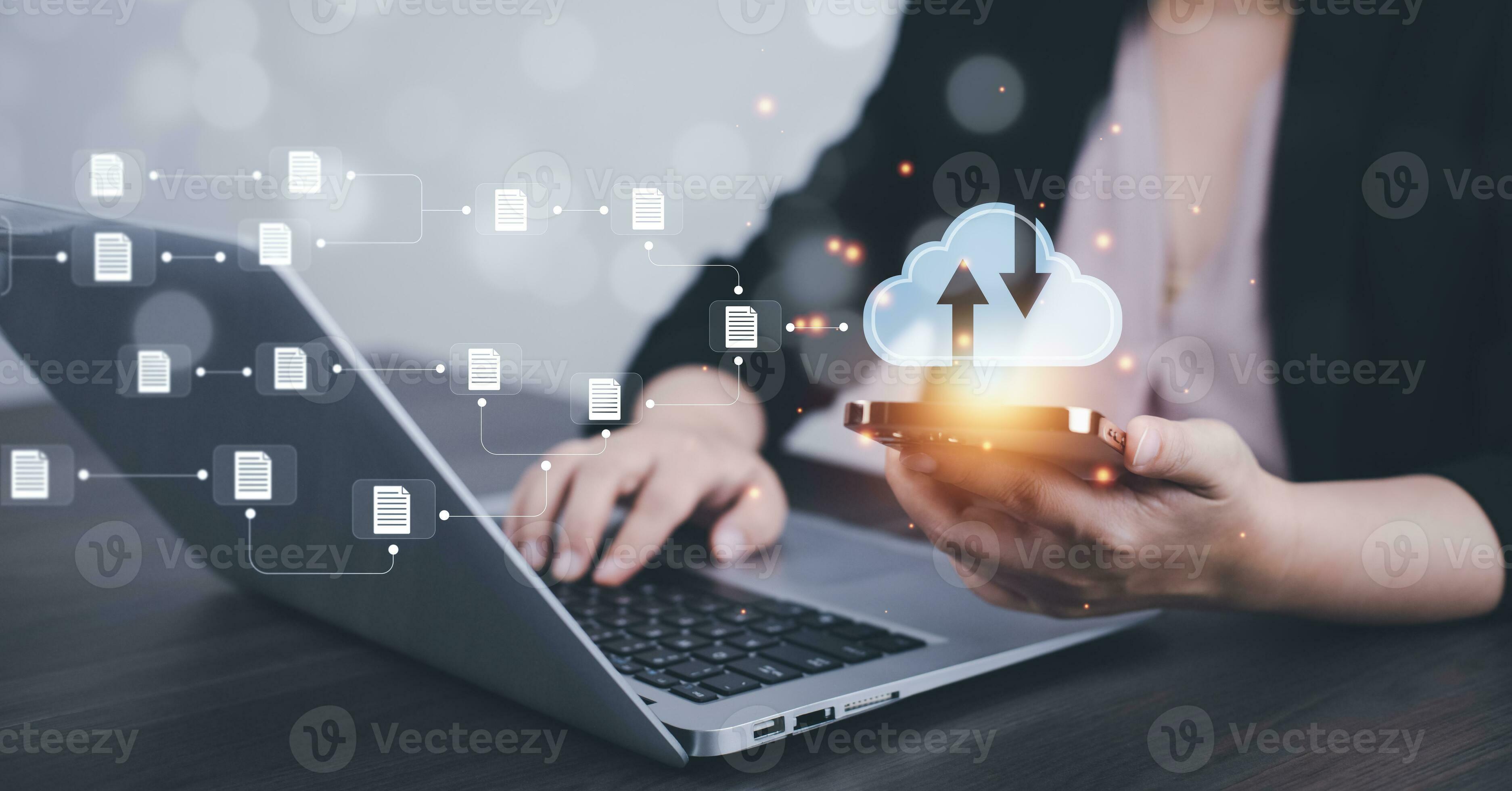 Business people using laptop with cloud computing system , Storage and data transfer Cloud ...