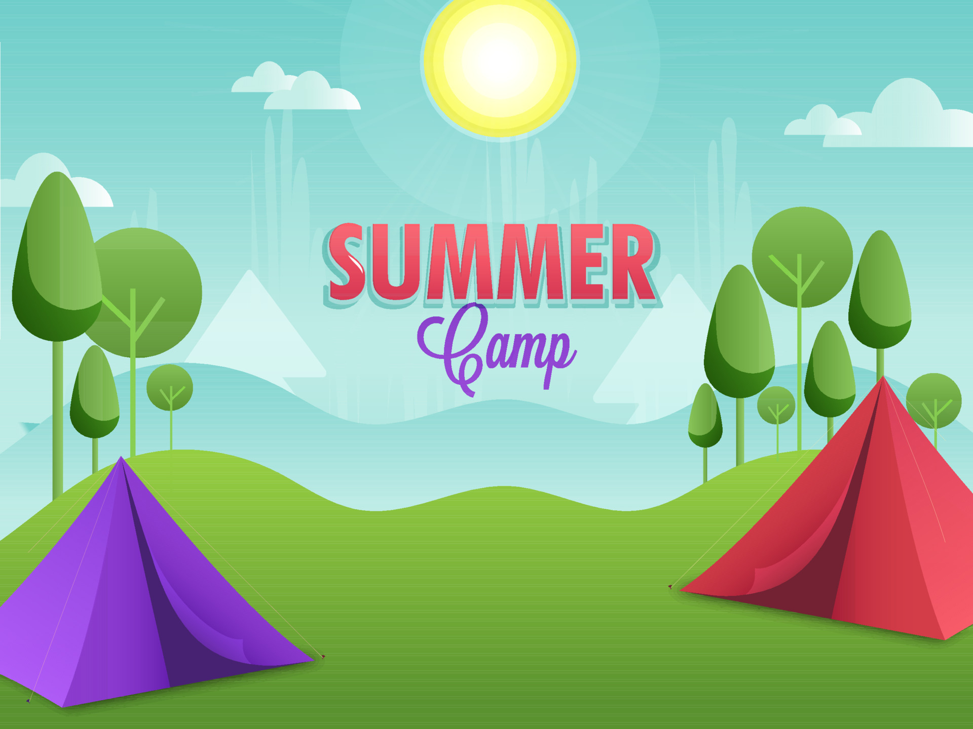 Summer Camp Concept With Two Color Tent On Sunshine Natural Landscape Background. 23335795 ...