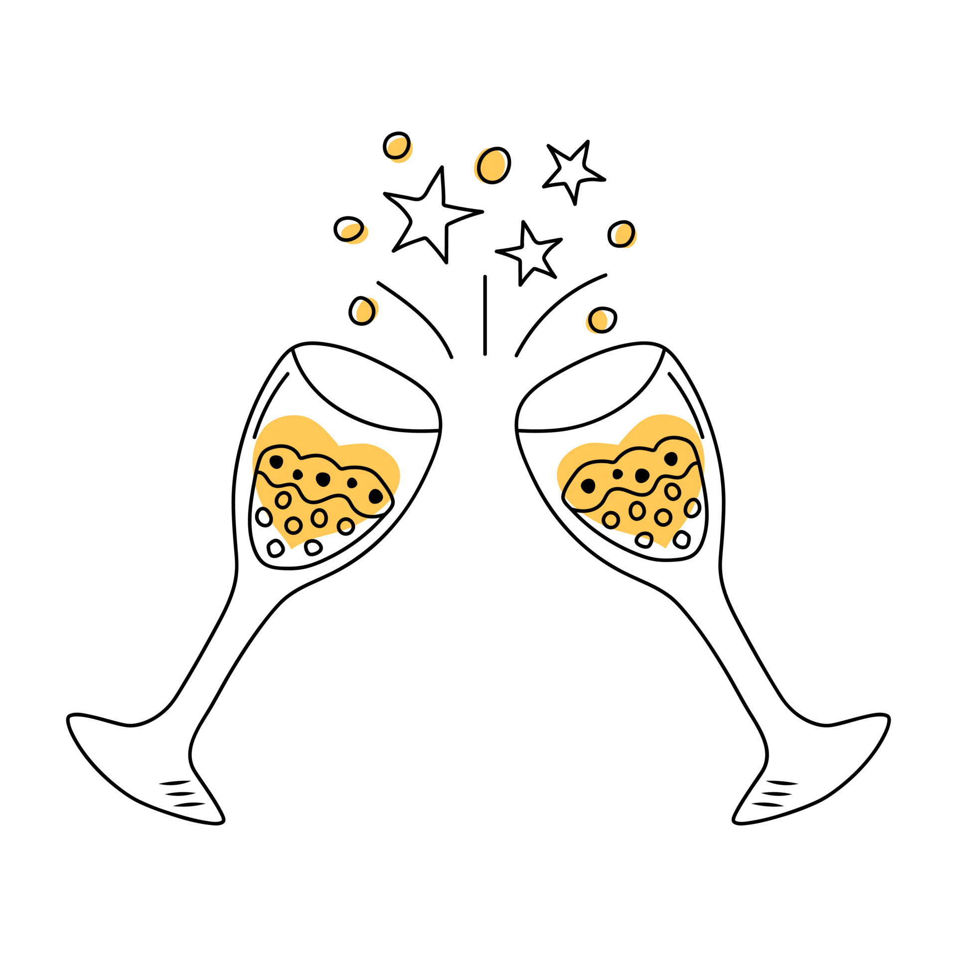 Two Clinking Glasses With Champagne In Doodle Style Cheers Holiday