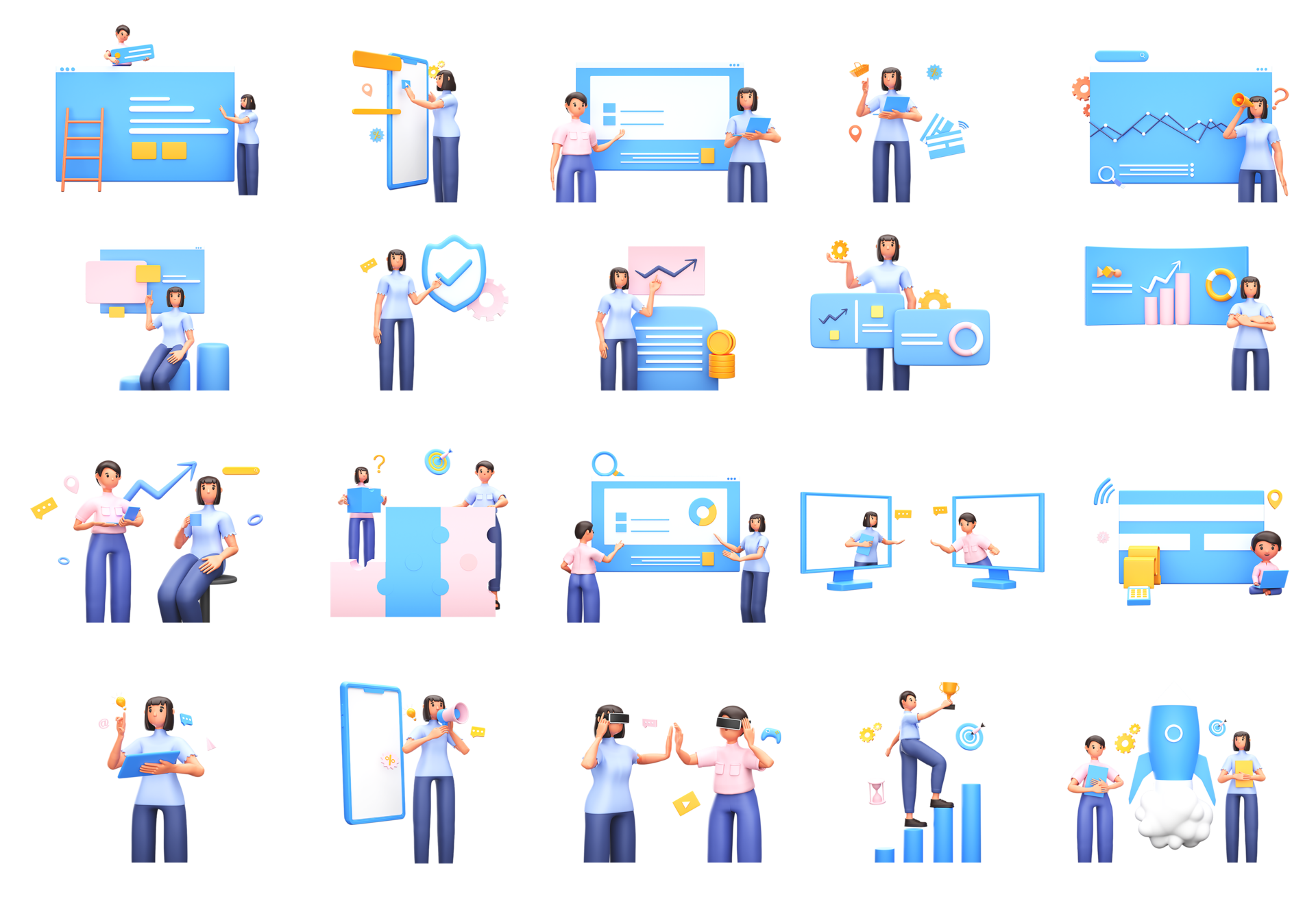 Set Of 3D Business People Working At Workplace With Data Analysis set-of-3d-business-people-working-at-workplace-with-data-analysis
