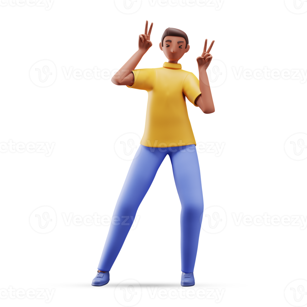 3d Cartoon Young Man Showing Peace Sign In Standing Pose 23340048 Png