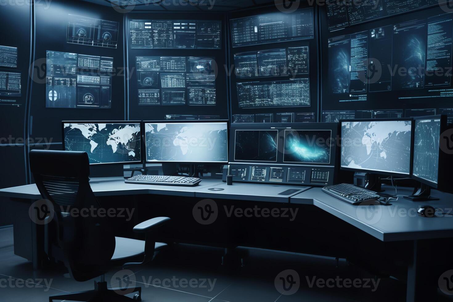Modern Control Room Multiple Personal Computer Monitors Showing Coding Language Program With