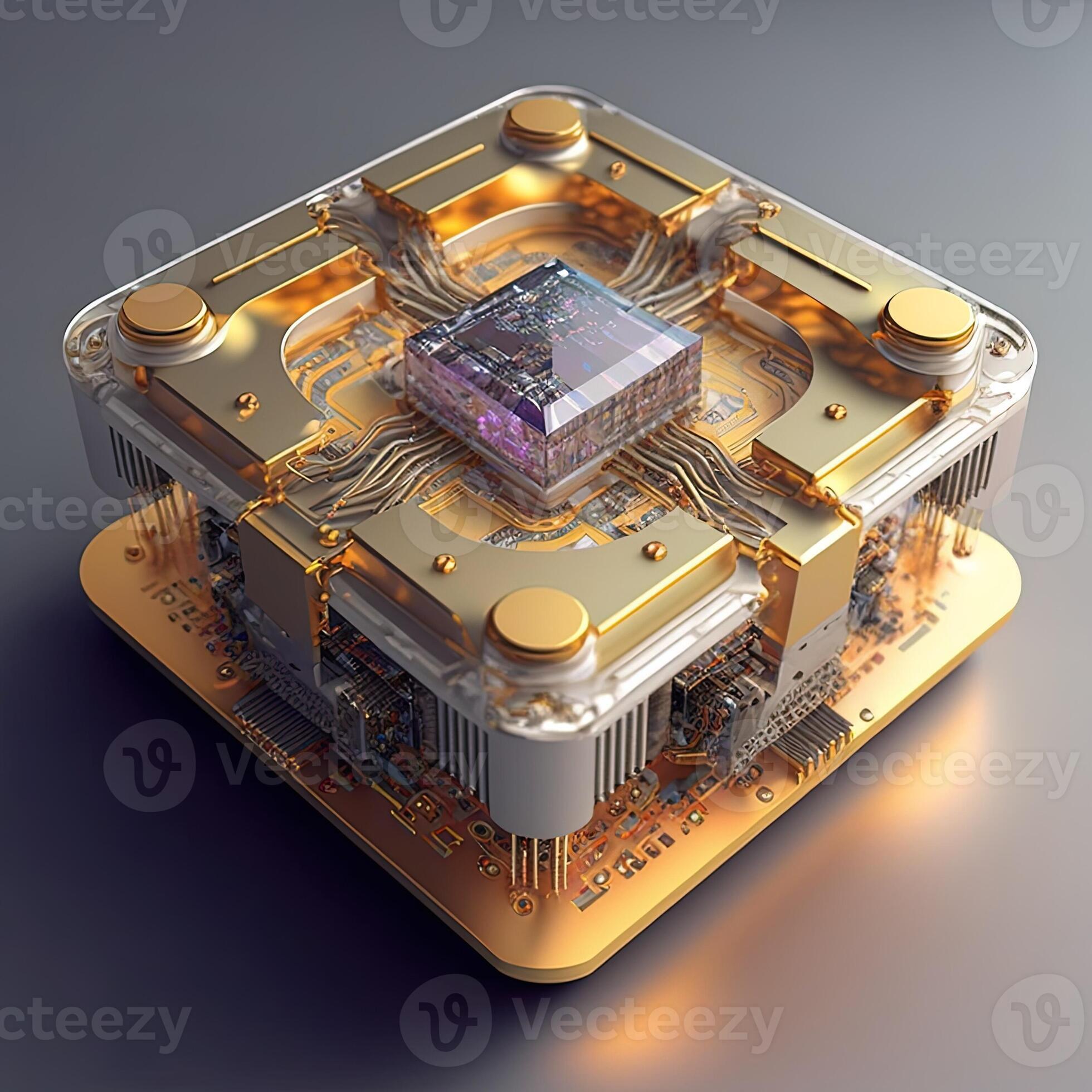 a quantum chip, A futuristic glowing CPU quantum computer processor. Digital chip with HUD ...