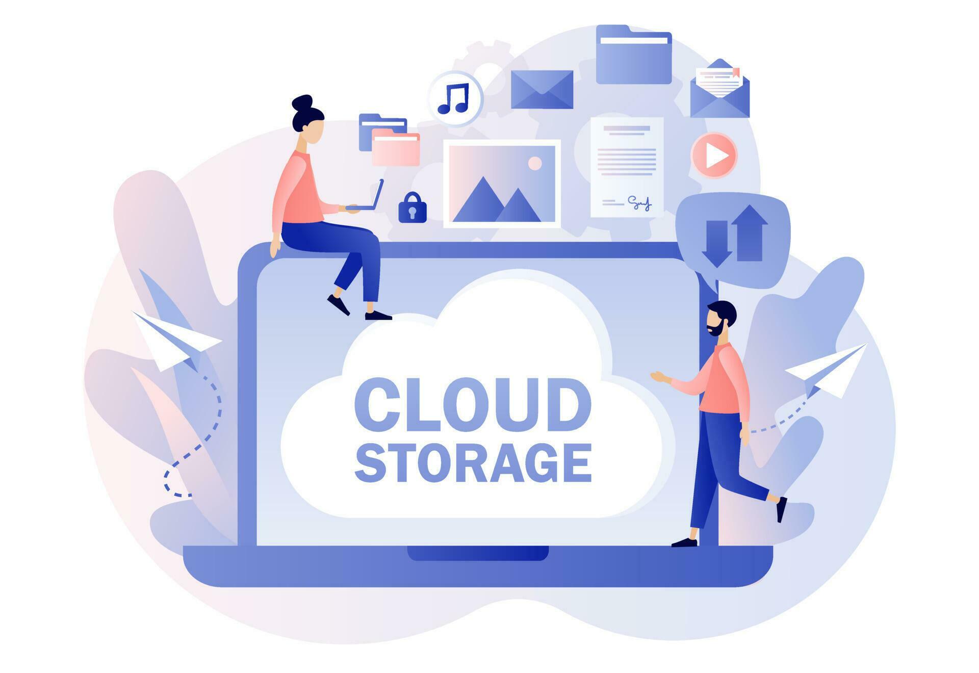 Cloud storage. Cloud computing services. Tiny people place data, music ...