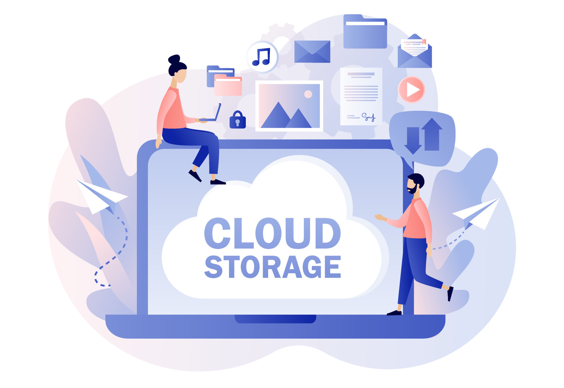 Cloud storage. Cloud computing services. Tiny people place data, music, photo, video in big ...