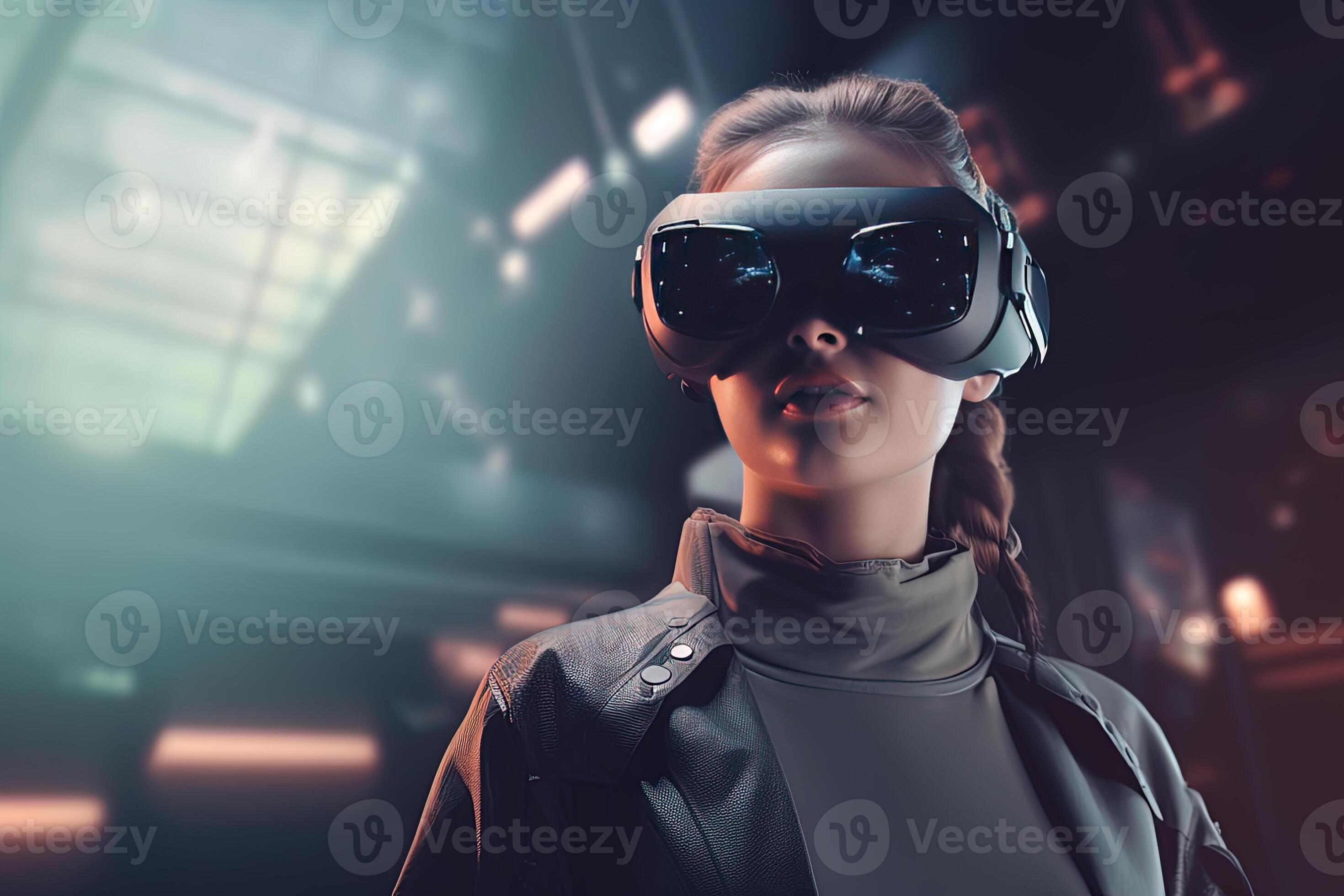 a woman wearing a virtual reality headset. AI Generated 23349971 Stock Photo at Vecteezy