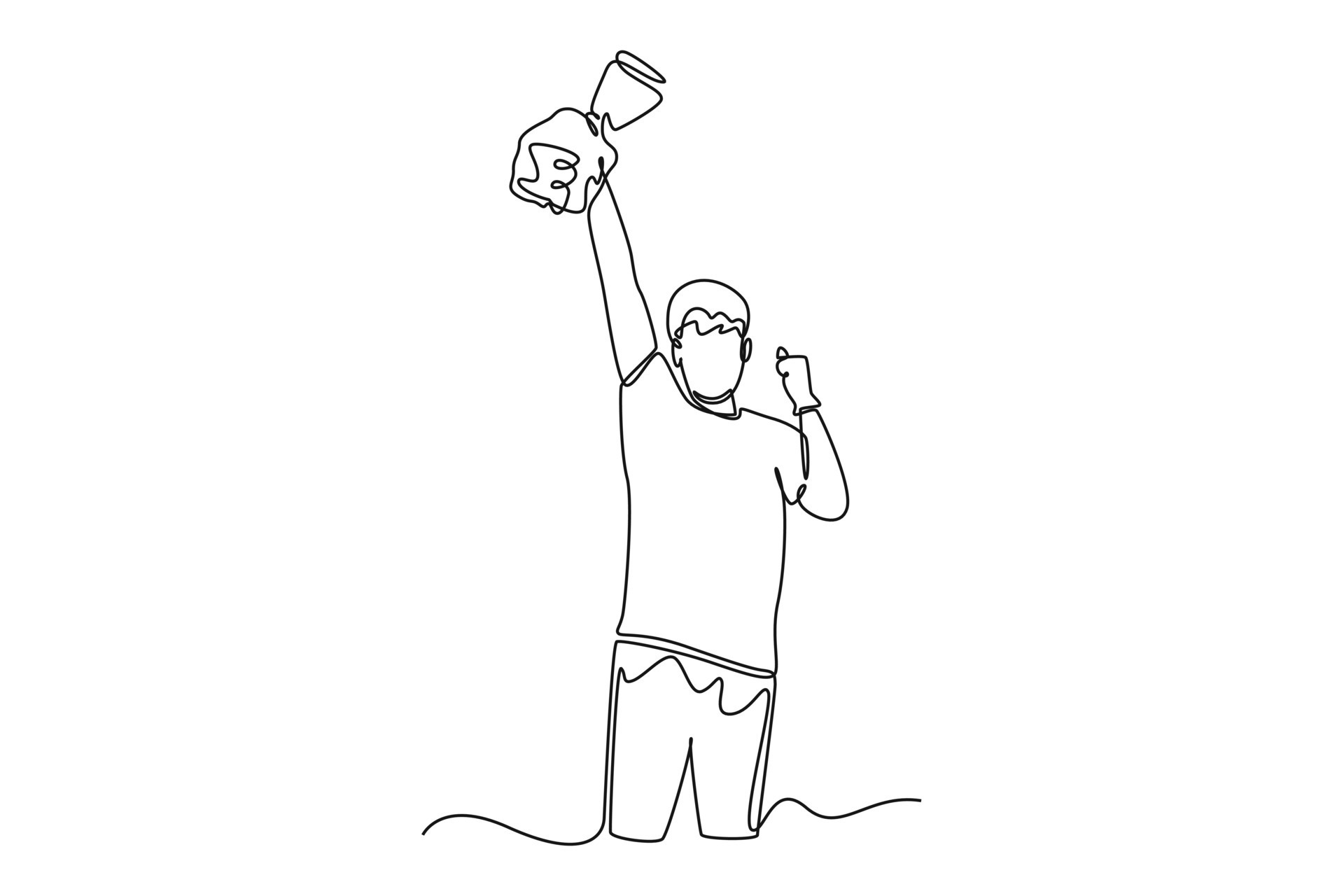 Continuous One Line Drawing Happiness Young Man After Picking Up Trash To Plastic Bag World