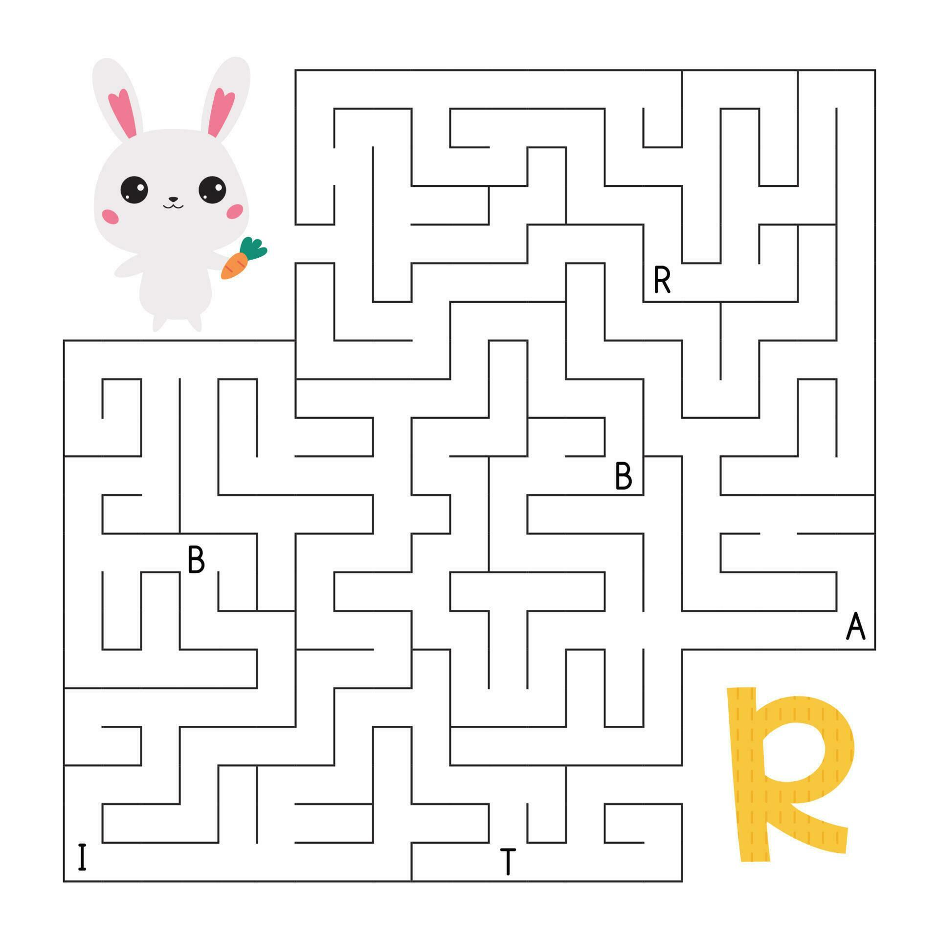ABC maze game. Educational puzzle for children. Labyrinth with letters. Help rabbit find right ...