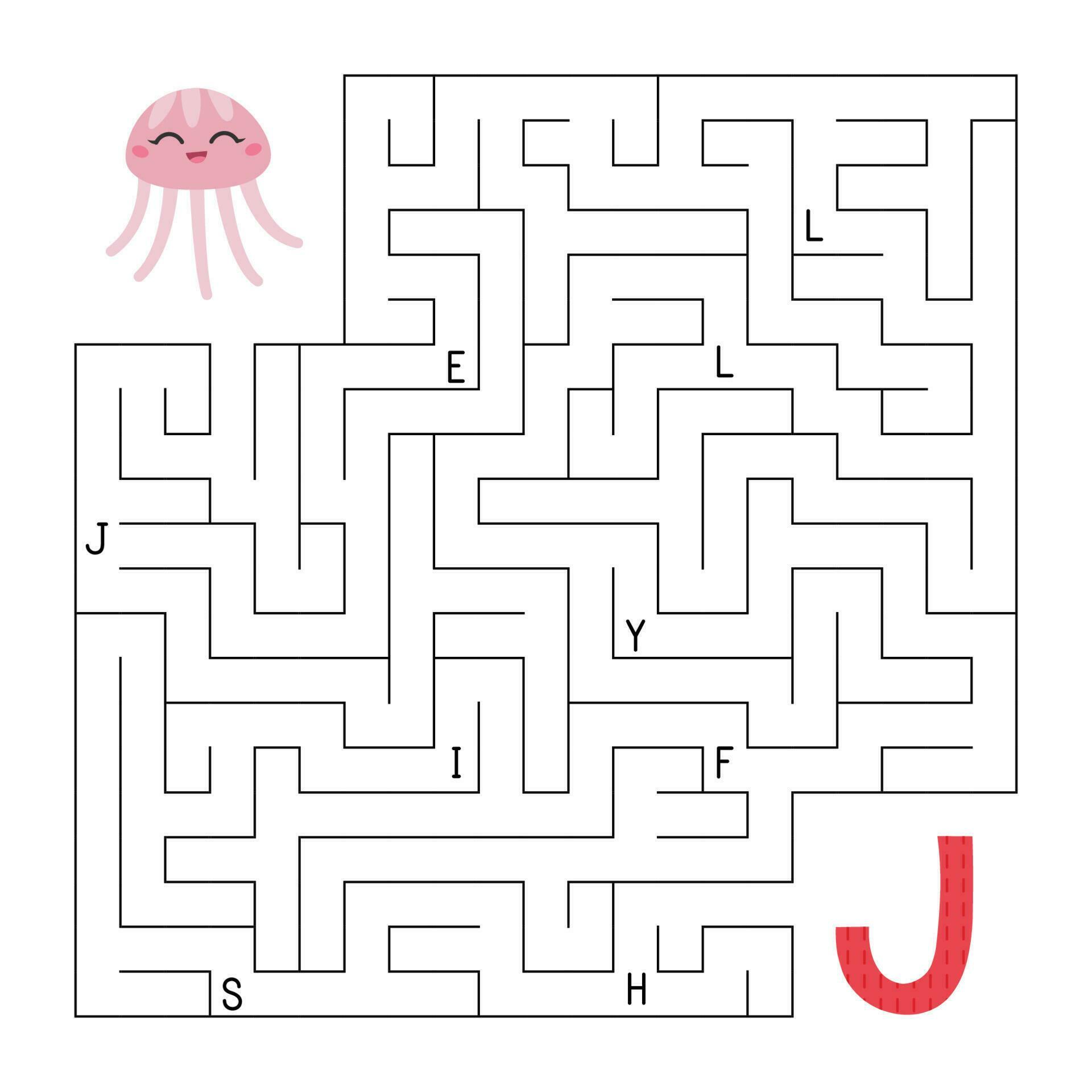 ABC maze game. Educational puzzle for kids. Labyrinth with letters. Help jellyfish find right ...