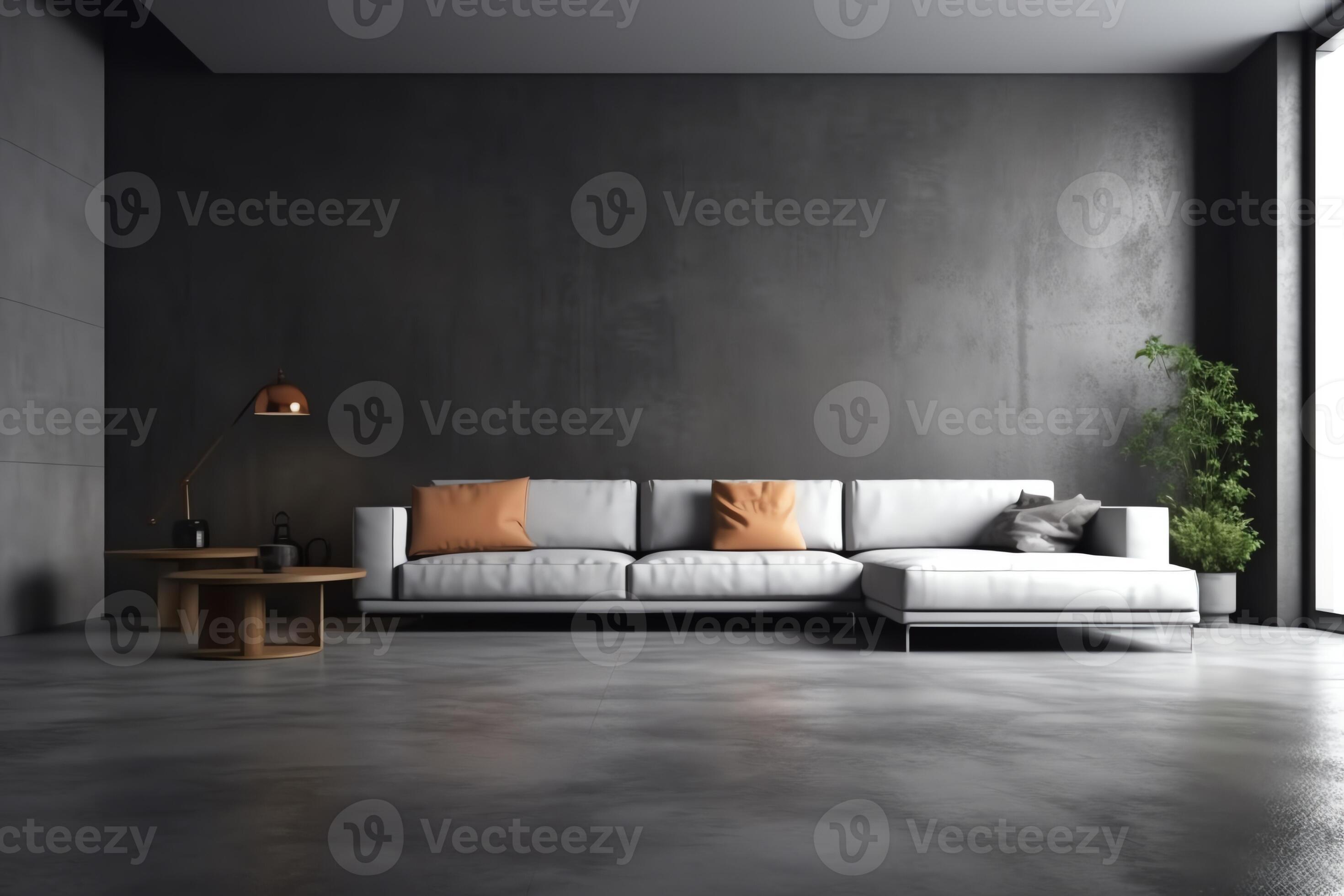 Modern interior design of living room with white sofa and empty black ...