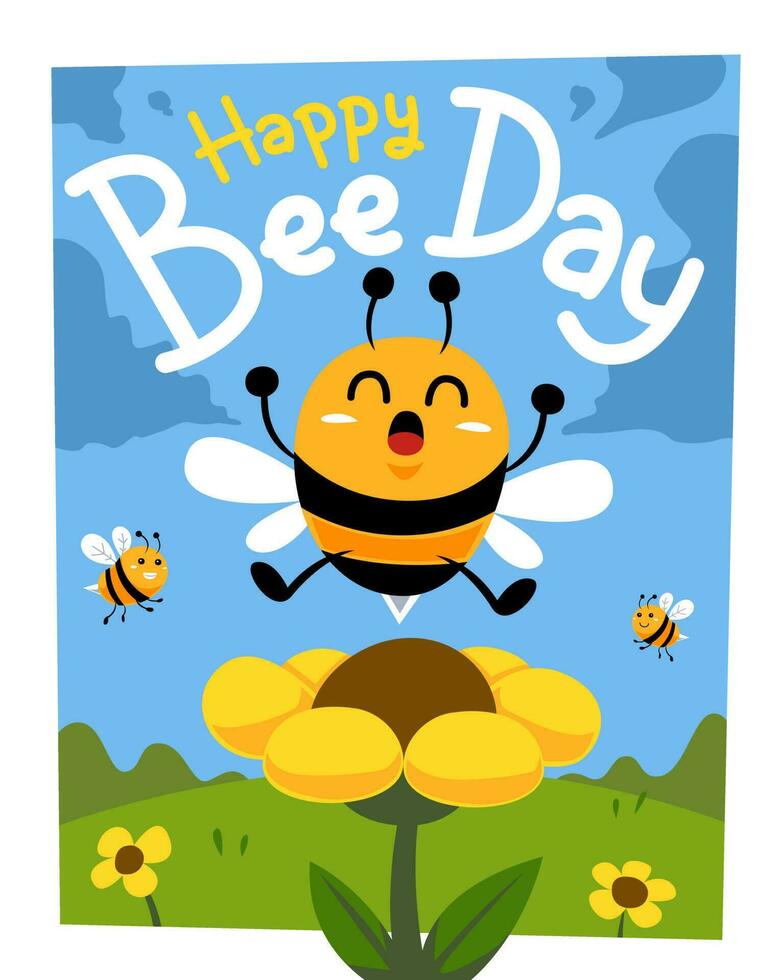 design for bee day with cartoon illustration of a happy bee on a cute flower 23361428 Vector Art ...