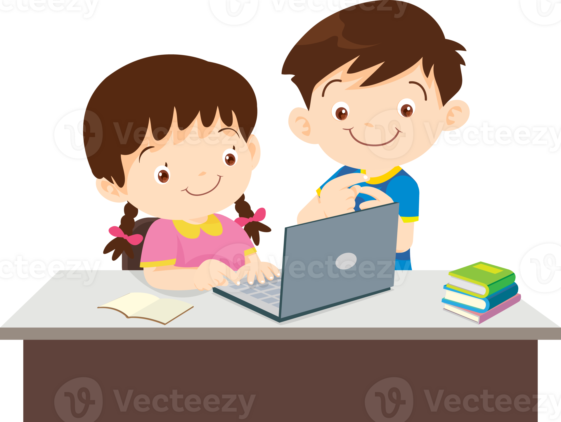 Back to school, happy Pupils children learning computer reading books ...