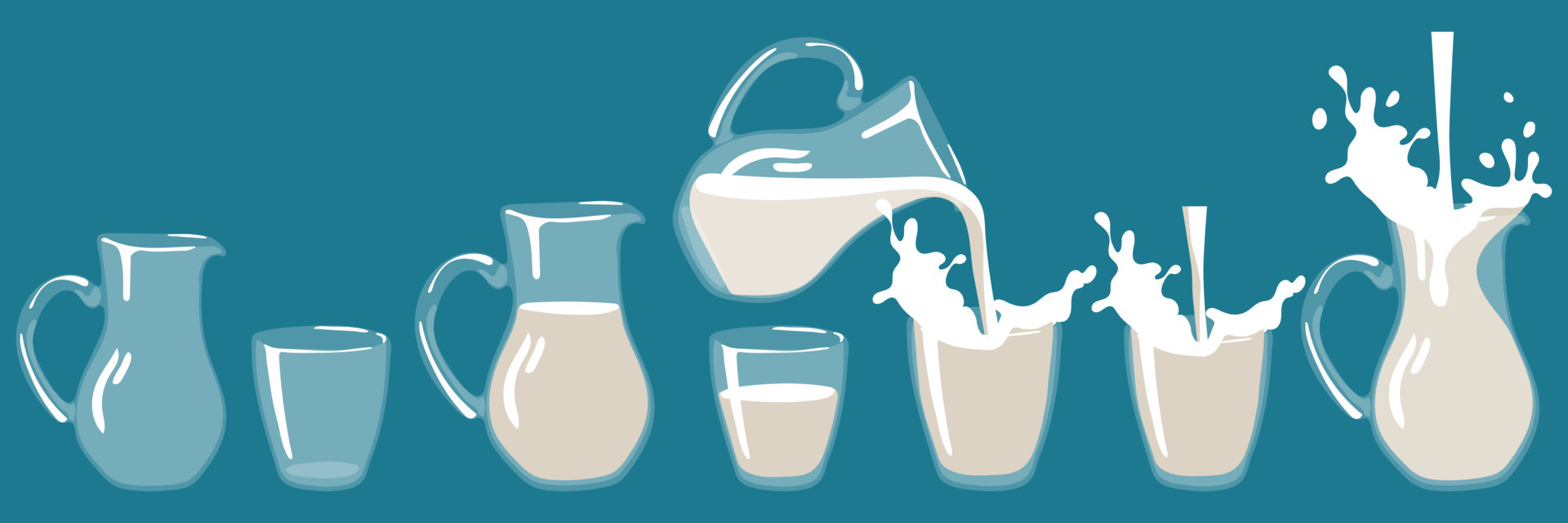 A Set Of Glass Glasses Empty Jugs And With Milk Filled With Liquid There Are Full Glasses