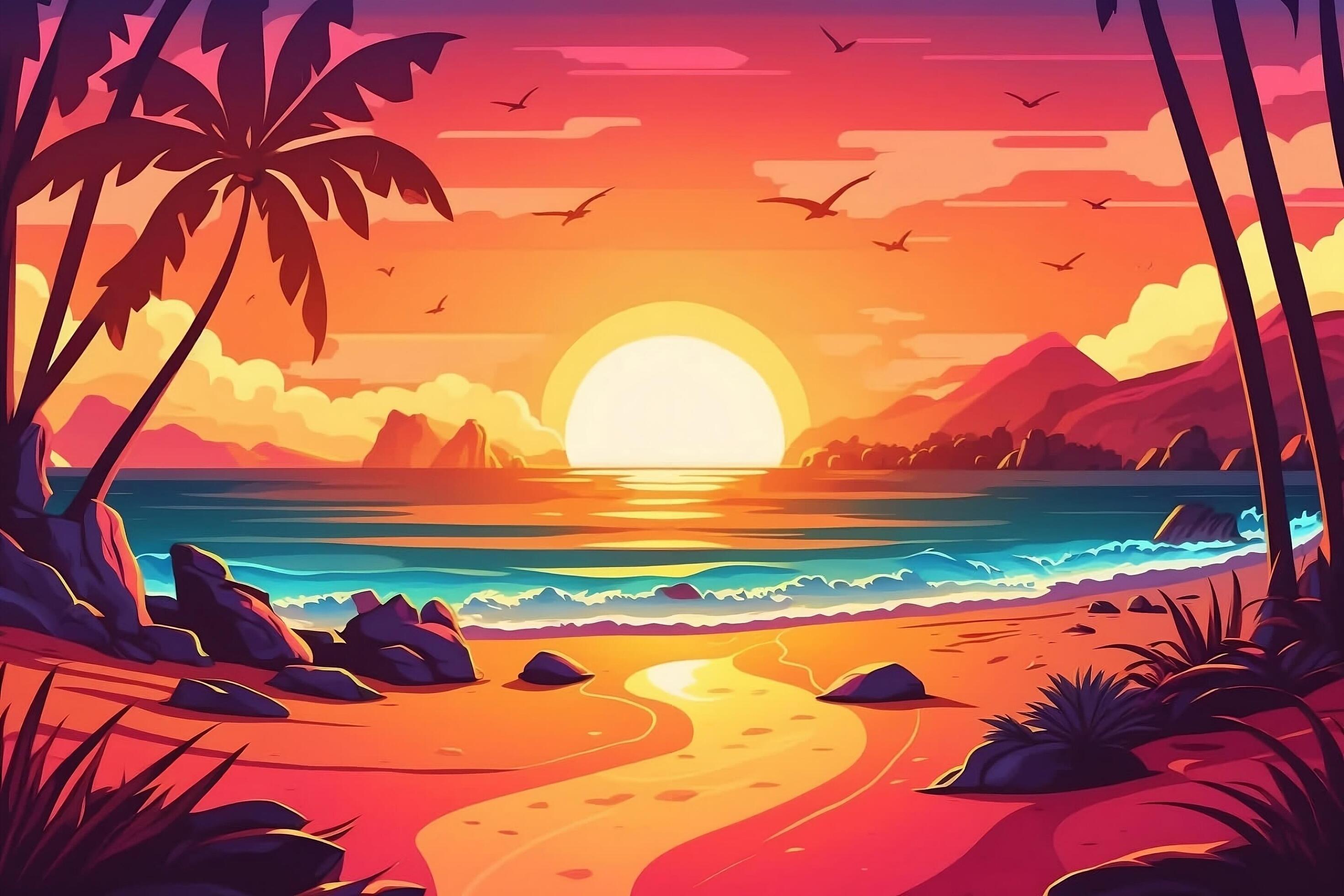 Tropical beach with ocean sunset and palm trees, cartoon summer view, illustration with summer ...