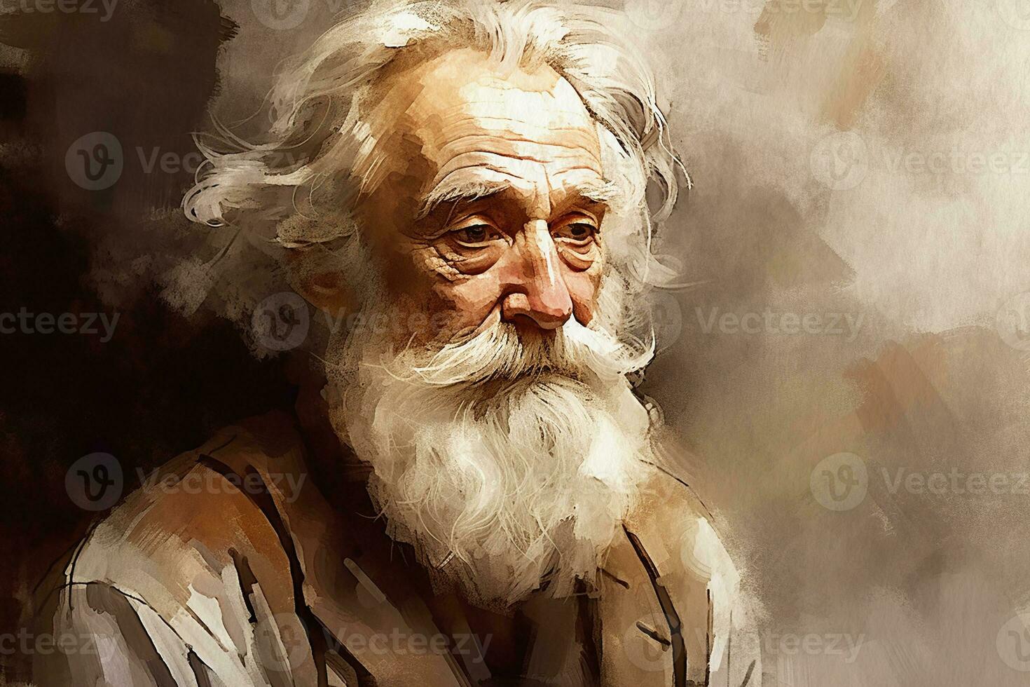 Older man with gray hair and beard, portrait painted in watercolor on ...