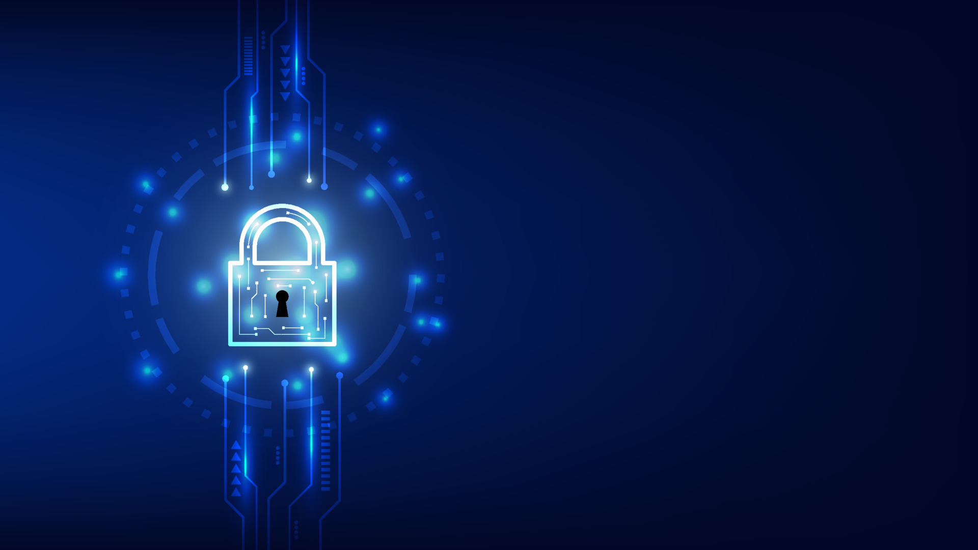 Digital Padlock With Virtual Screen On Dark Background With Copy Space