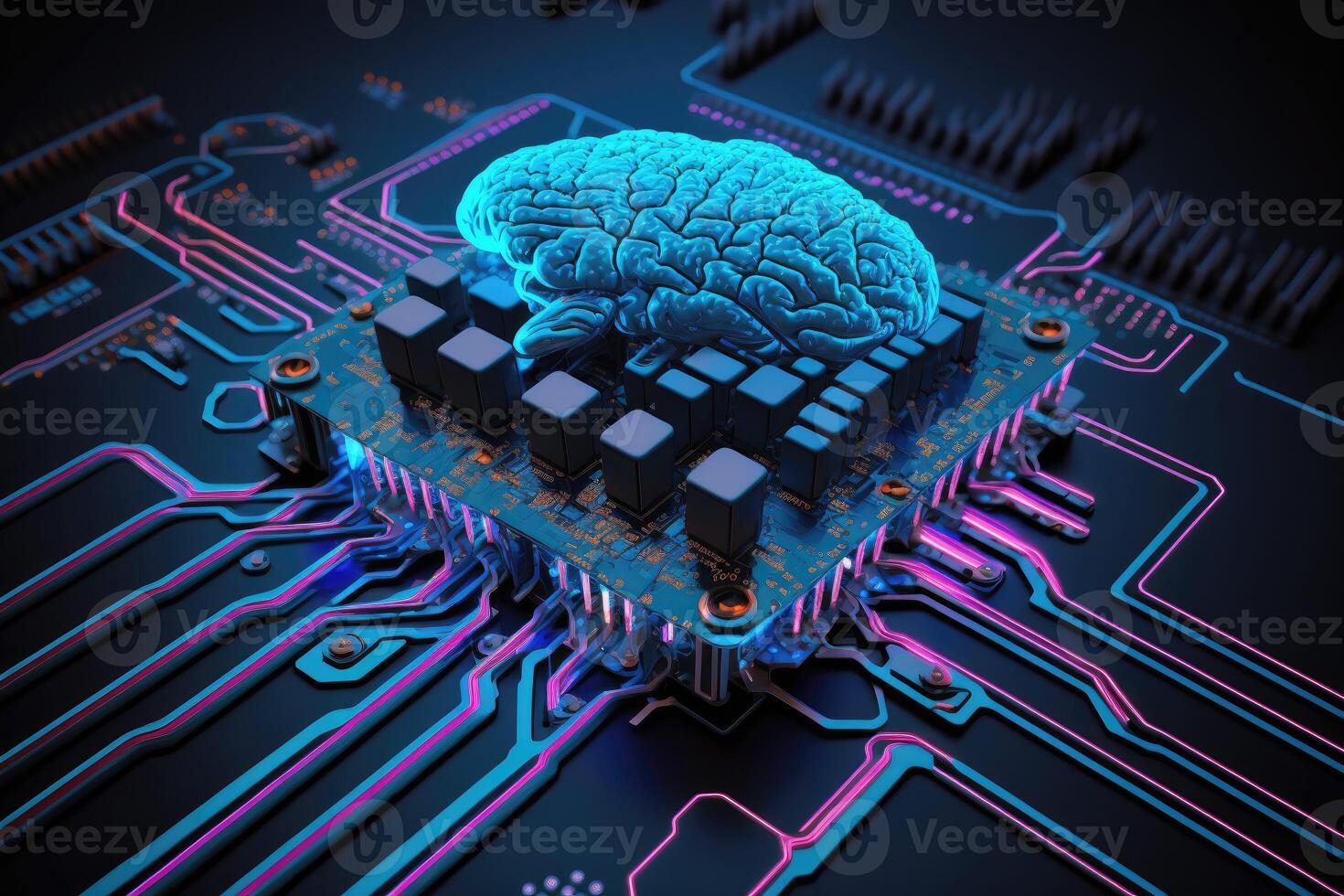 3D rendering of artificial intelligence hardware concept. Glowing blue brain circuit on ...