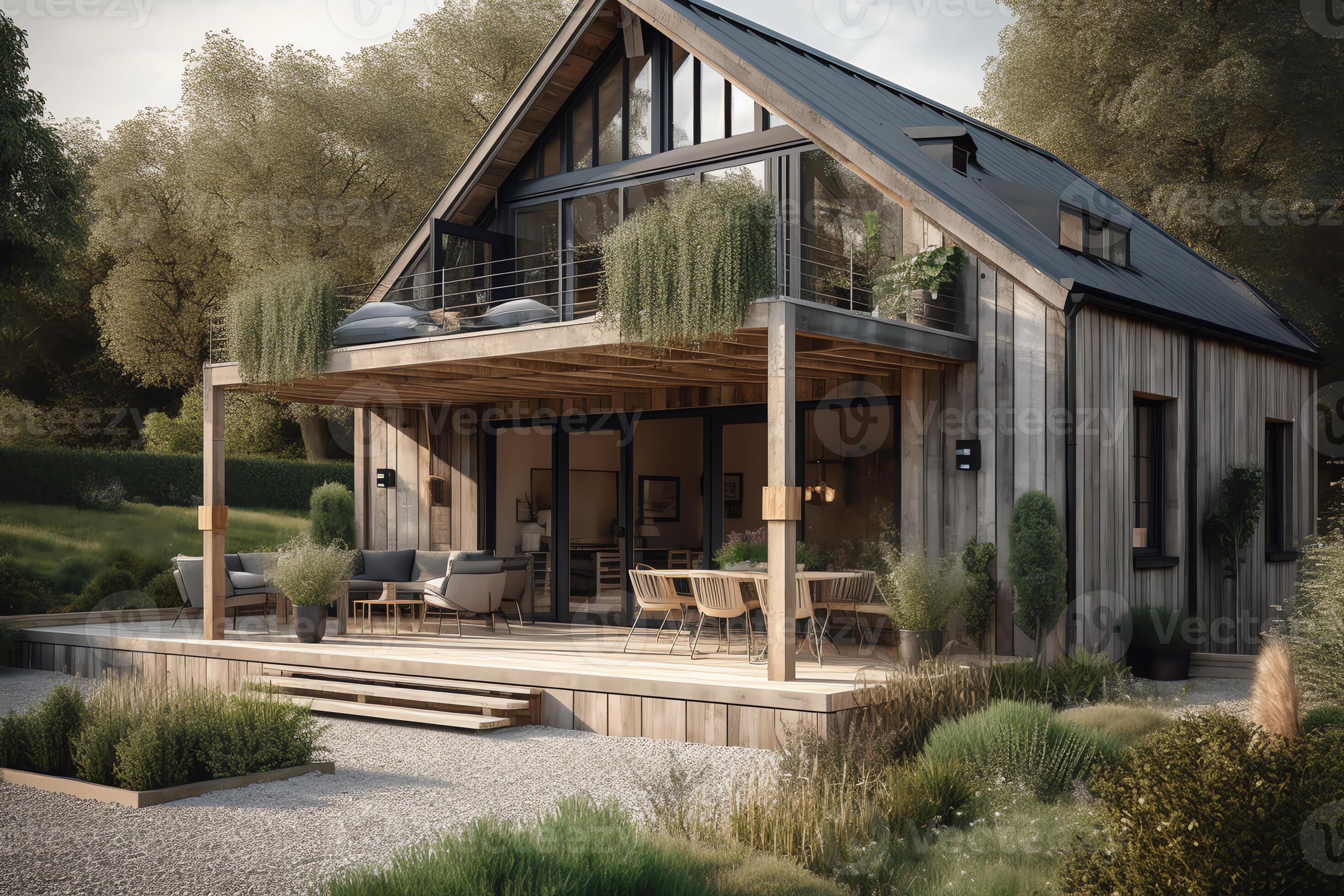 A modern barn house with a mezzanine large windows and a lovely terrace with a garden 3d render ...