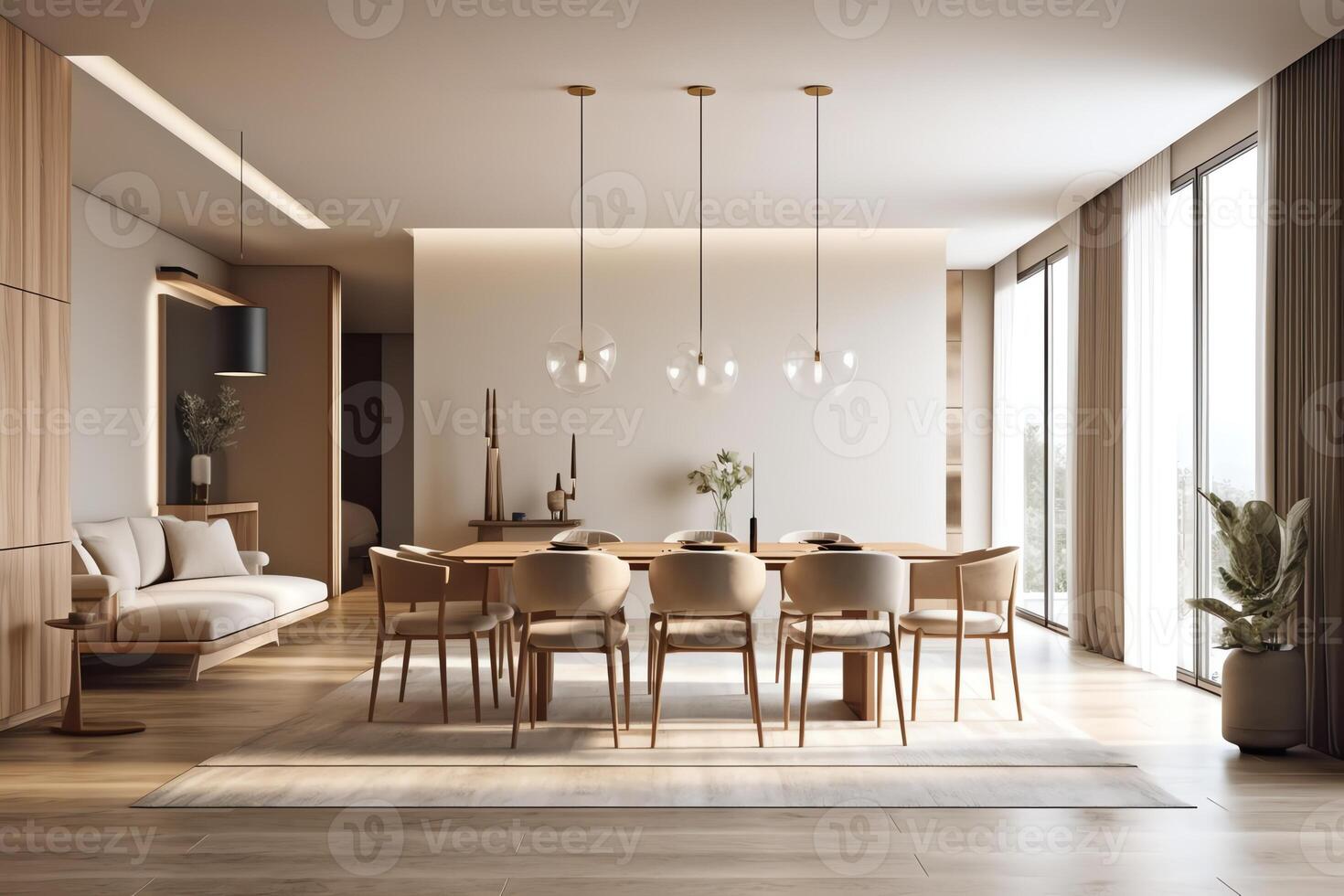 Modern interior design of apartment dining room with table and chairs ...