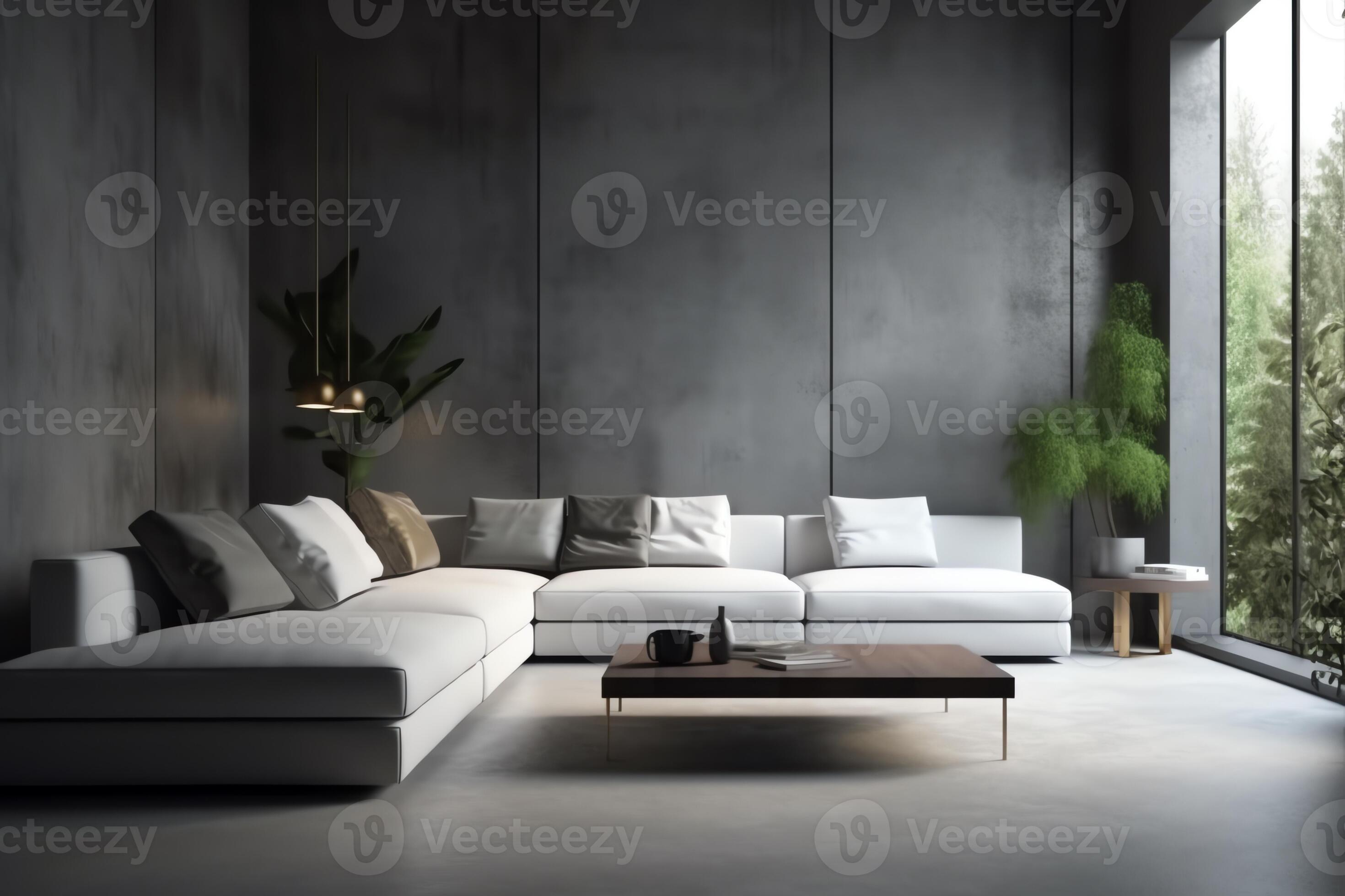 Modern interior design of living room with white sofa and empty black ...