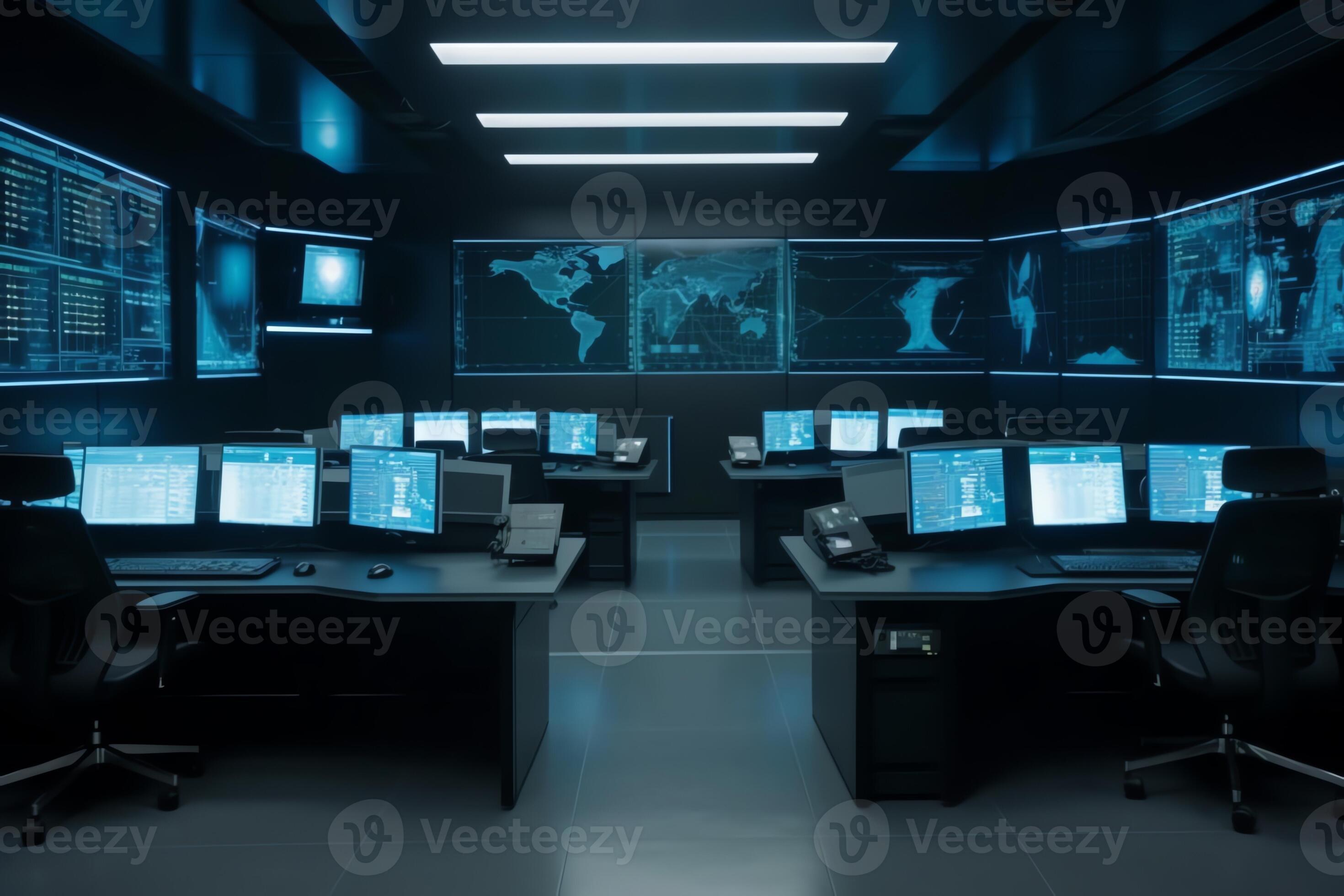 Empty interior of big modern security system control room workstation ...