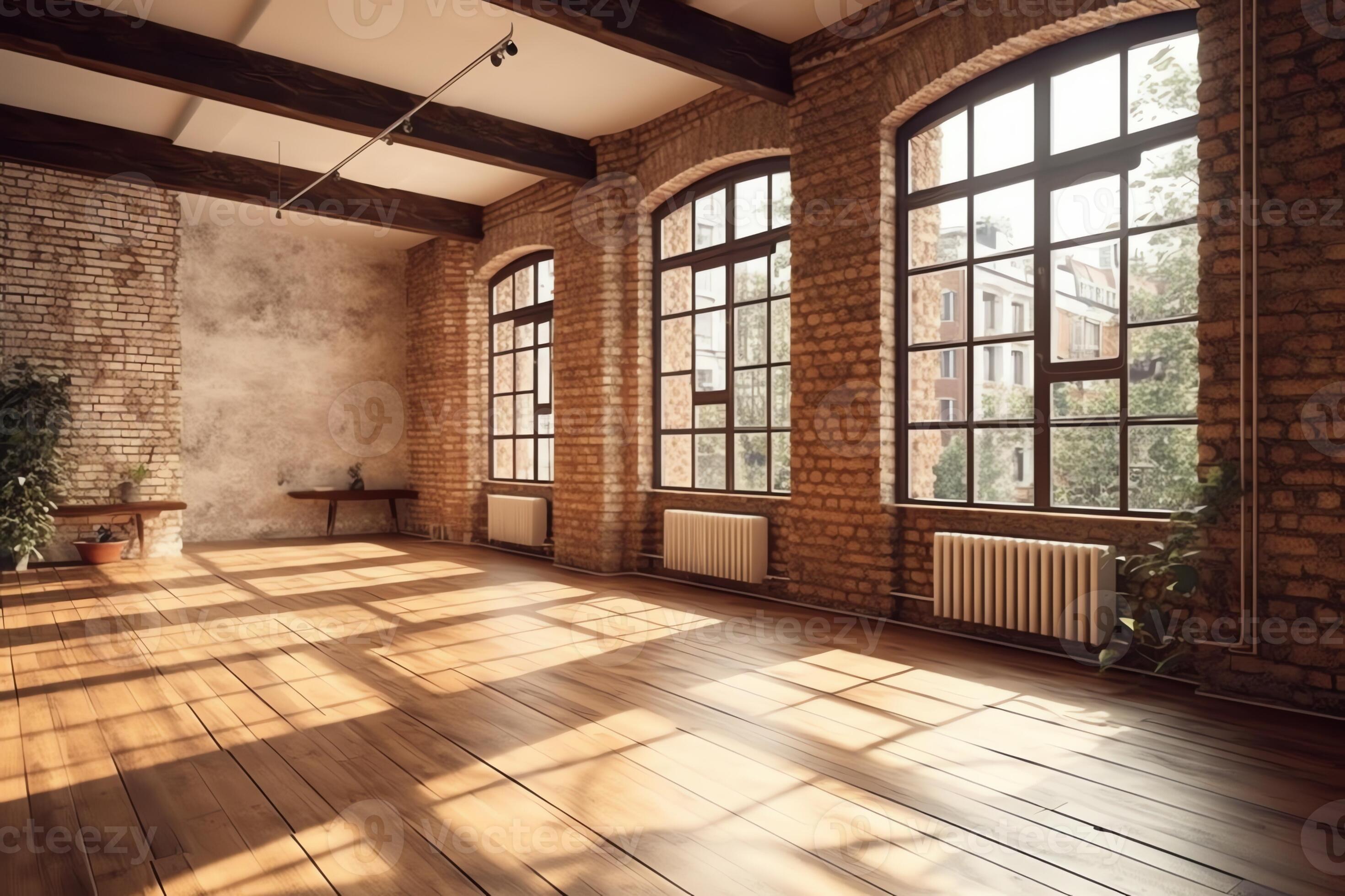 Empty room loft interior with big window white walls bricks wooden ...