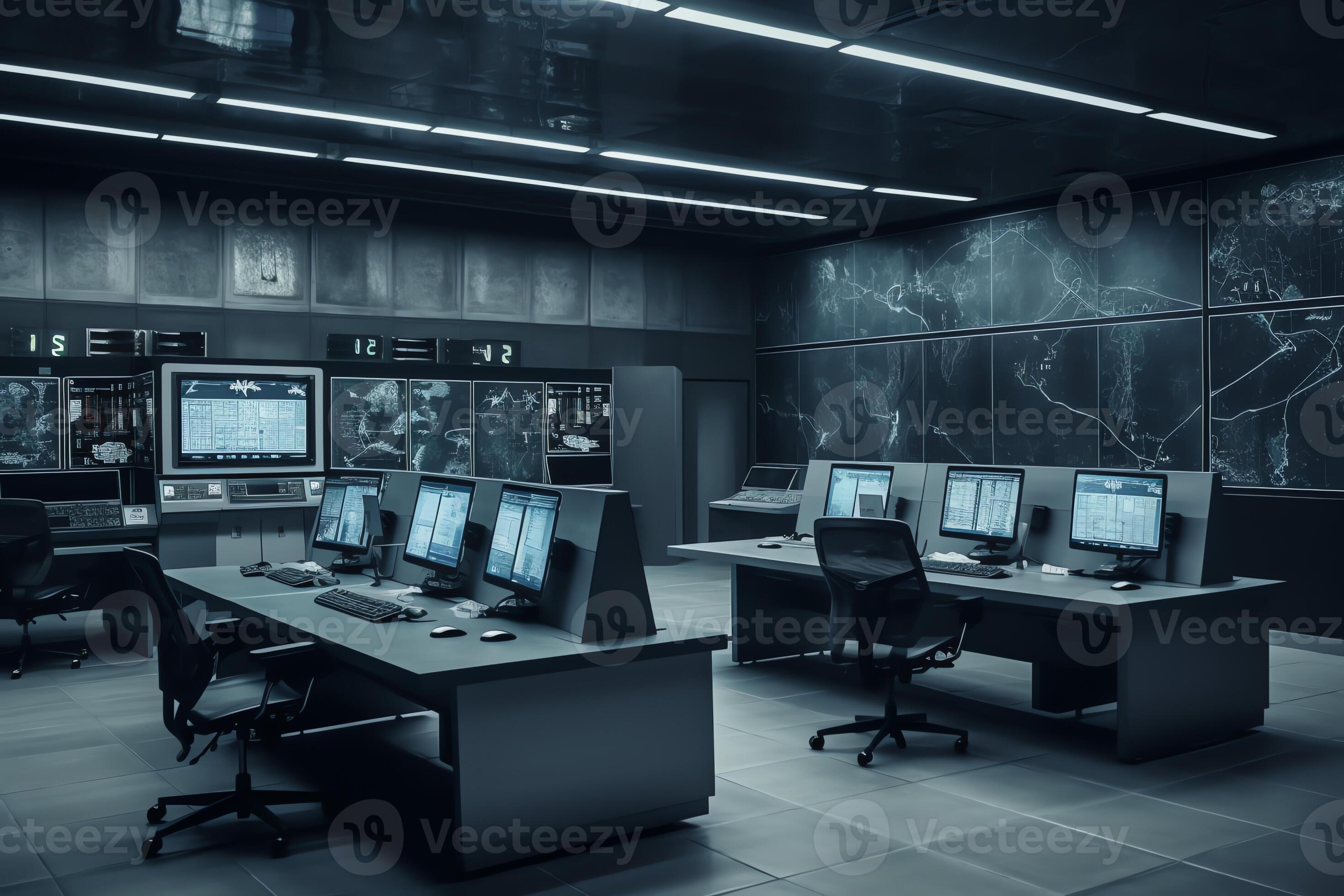 Empty interior of big modern security system control room workstation with multiple displays ...