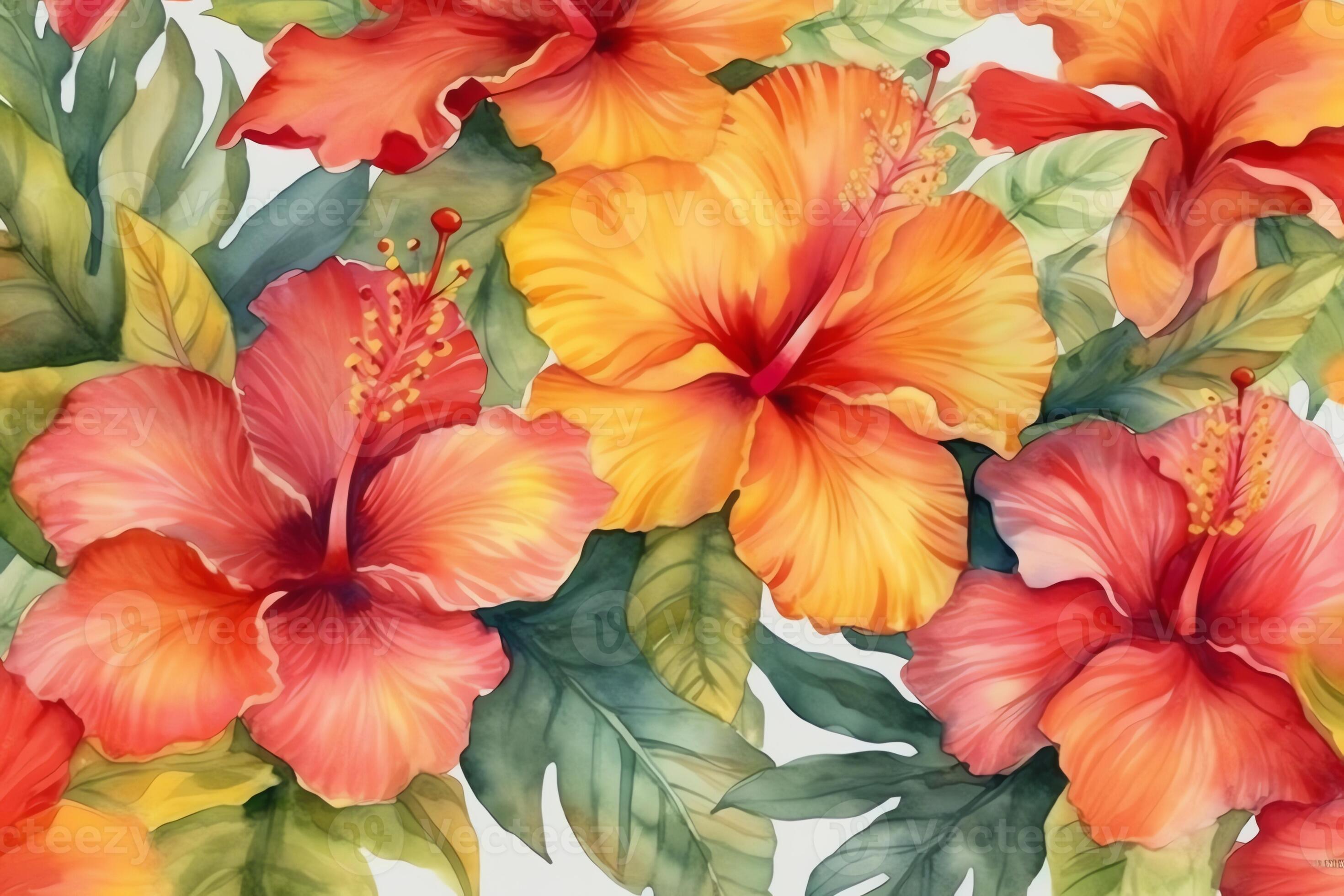 Watercolor Tropical Hibiscus Flowers In A Seamless Pattern Can Be Used