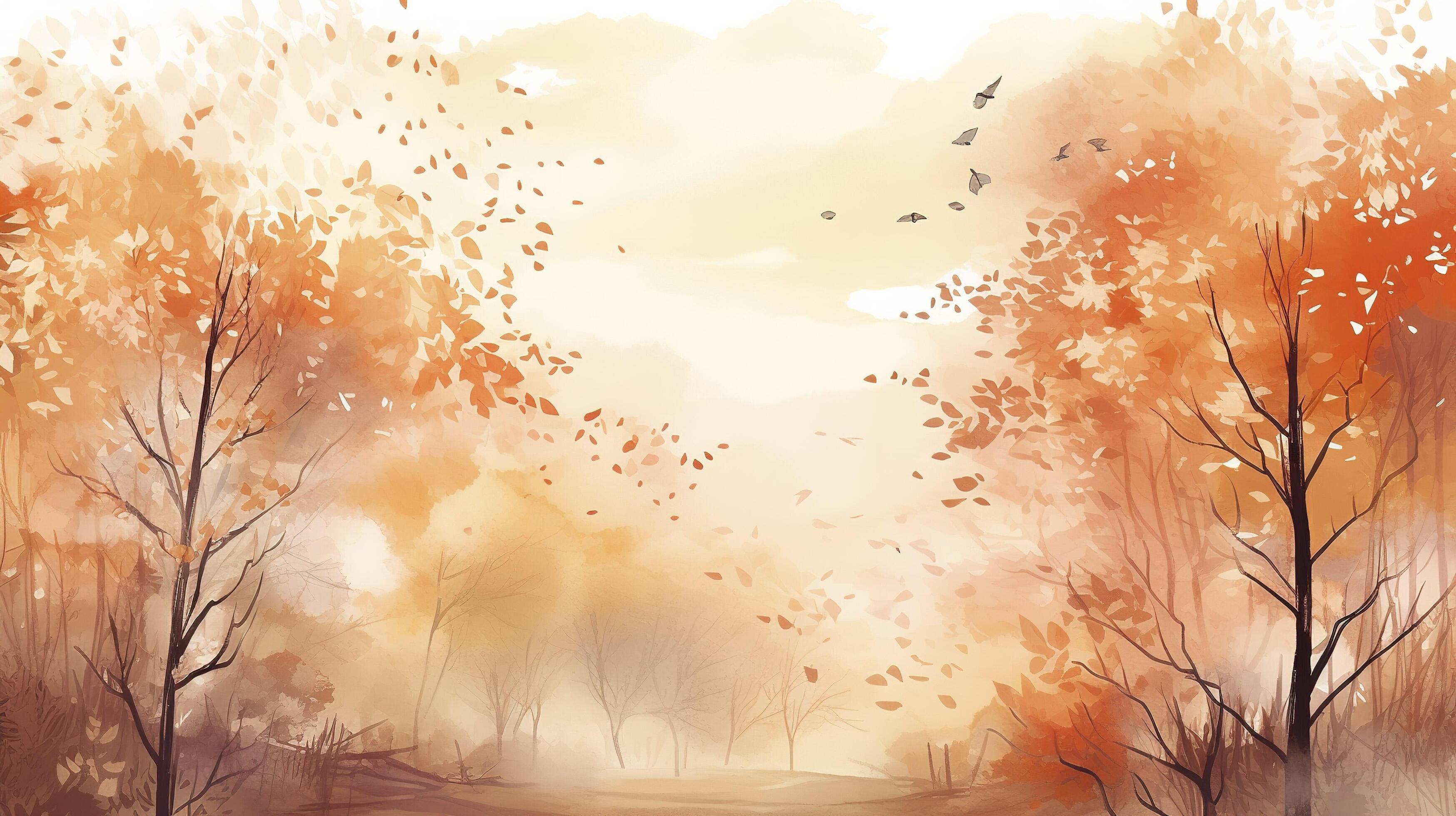 Autumn background with watercolor leaves on top, in the style of light ...