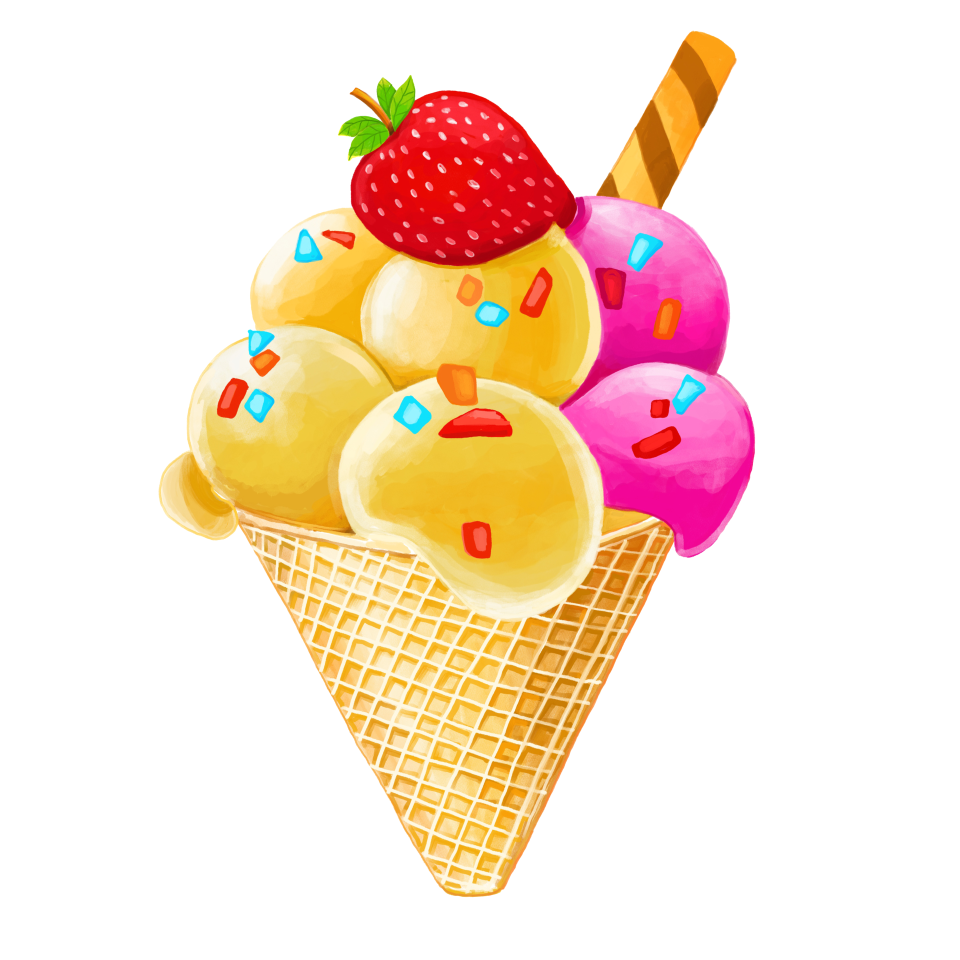 Watercolor And Drawing For Fresh Sweet Colorful Strawberry And Vanilla