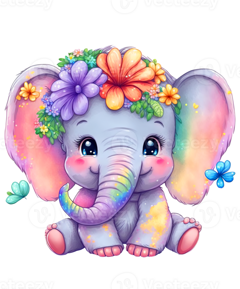 Free Cute baby elephant watercolor flowers ai generative 23400435 PNG ...