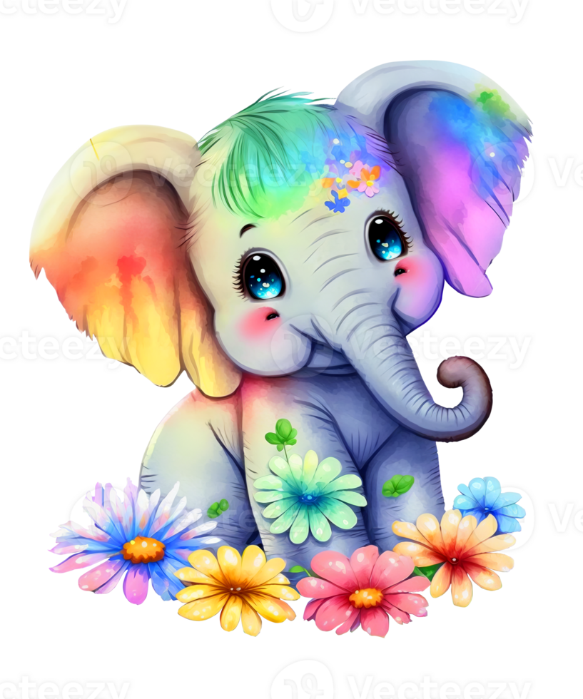Cute baby elephant watercolor flowers 23400762 PNG
