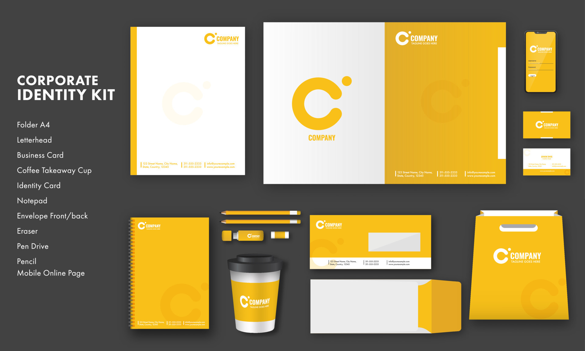 Yellow And White Color Corporate Identity Kits Presentation On Black ...