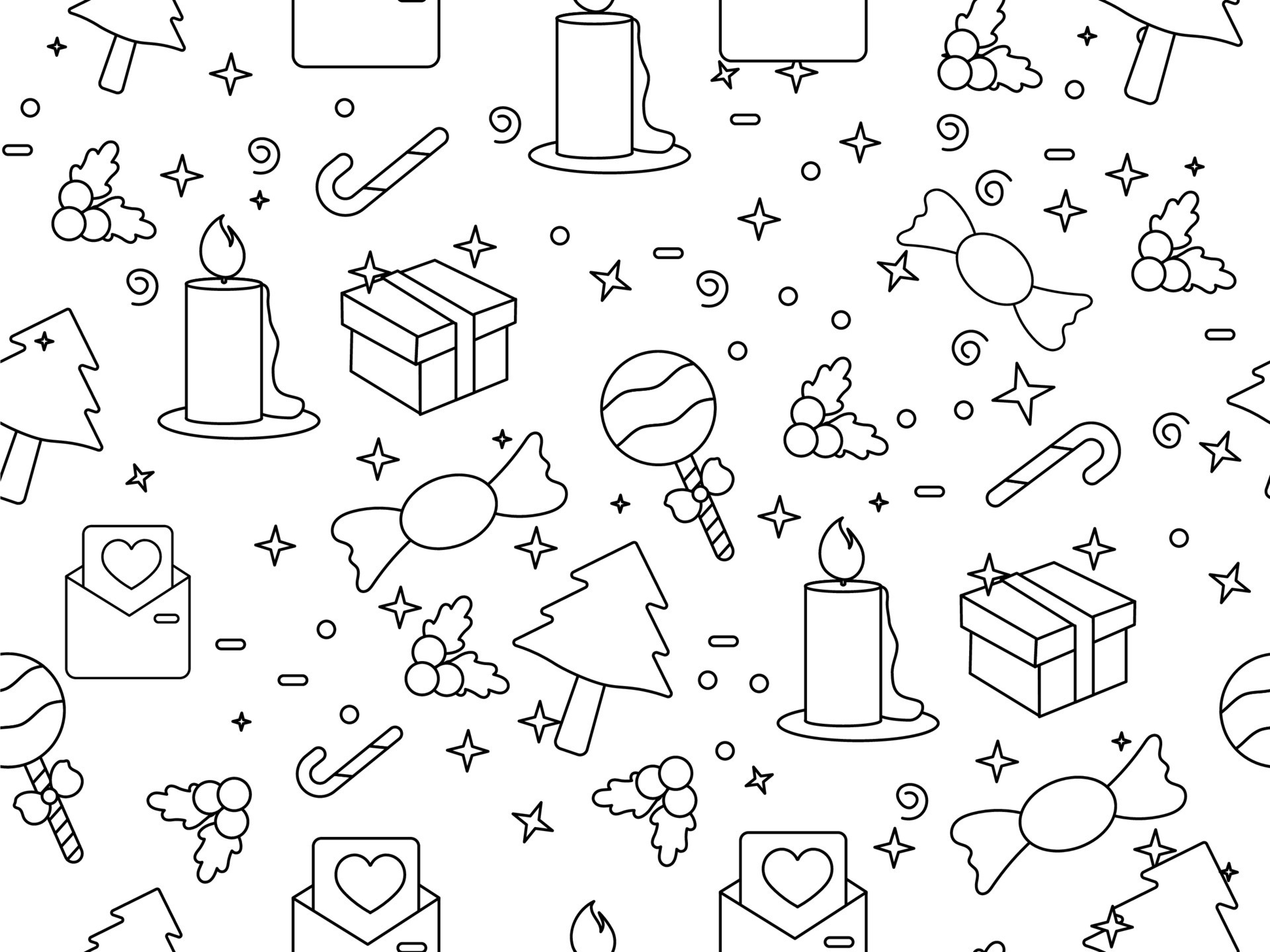 Seamless Pattern Of Linear Style Christmas Elements On White Background ...