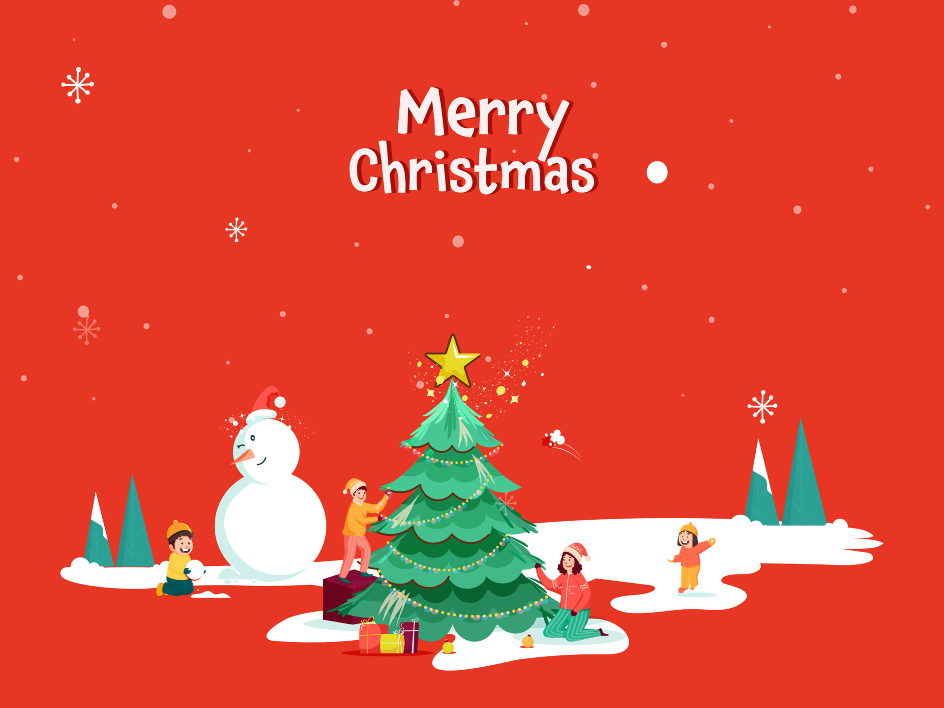 Merry Christmas Poster Design With Decorative Xmas Tree, Cheerful Kids ...