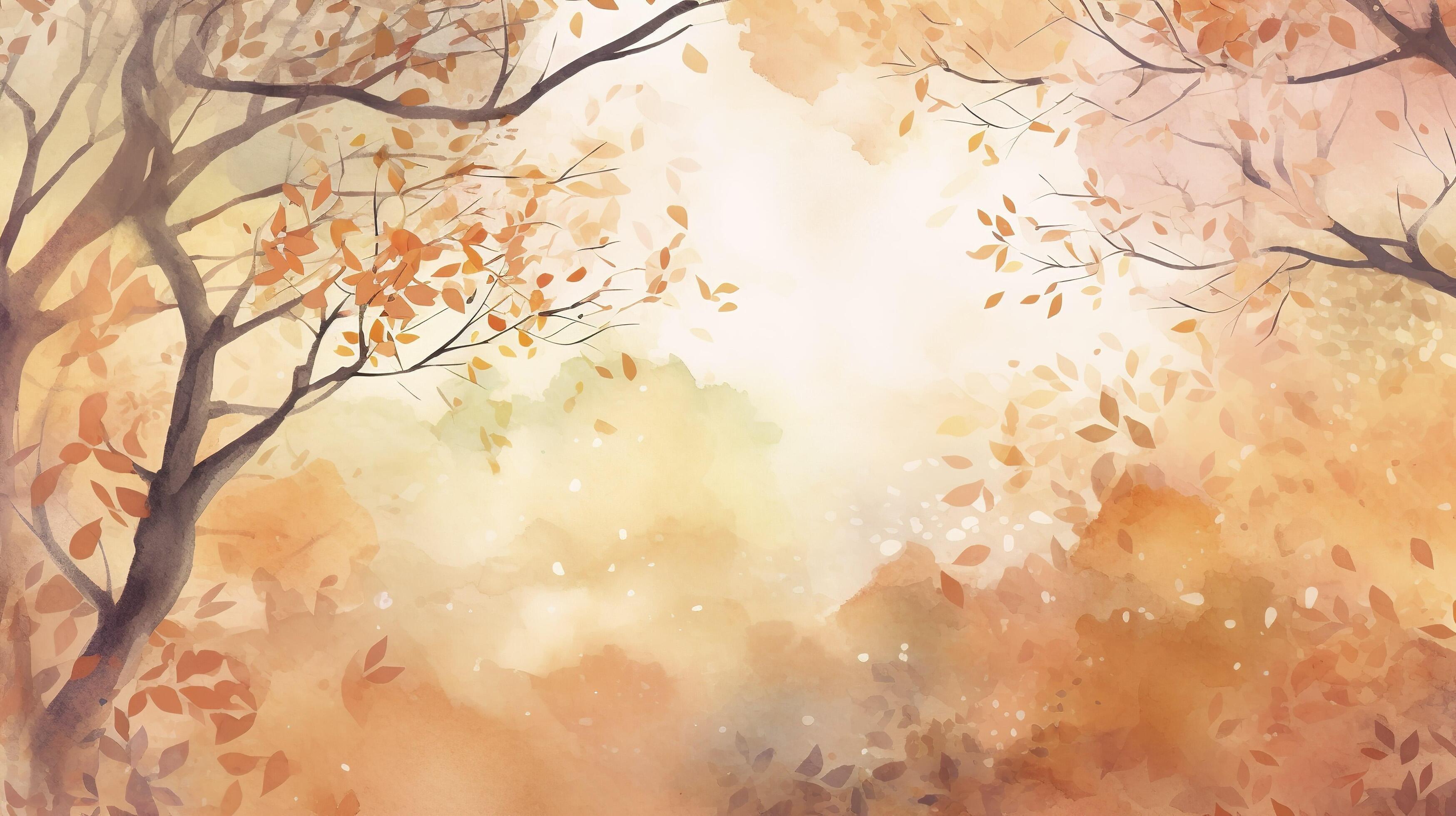 Autumn background with watercolor leaves on top, in the style of light ...