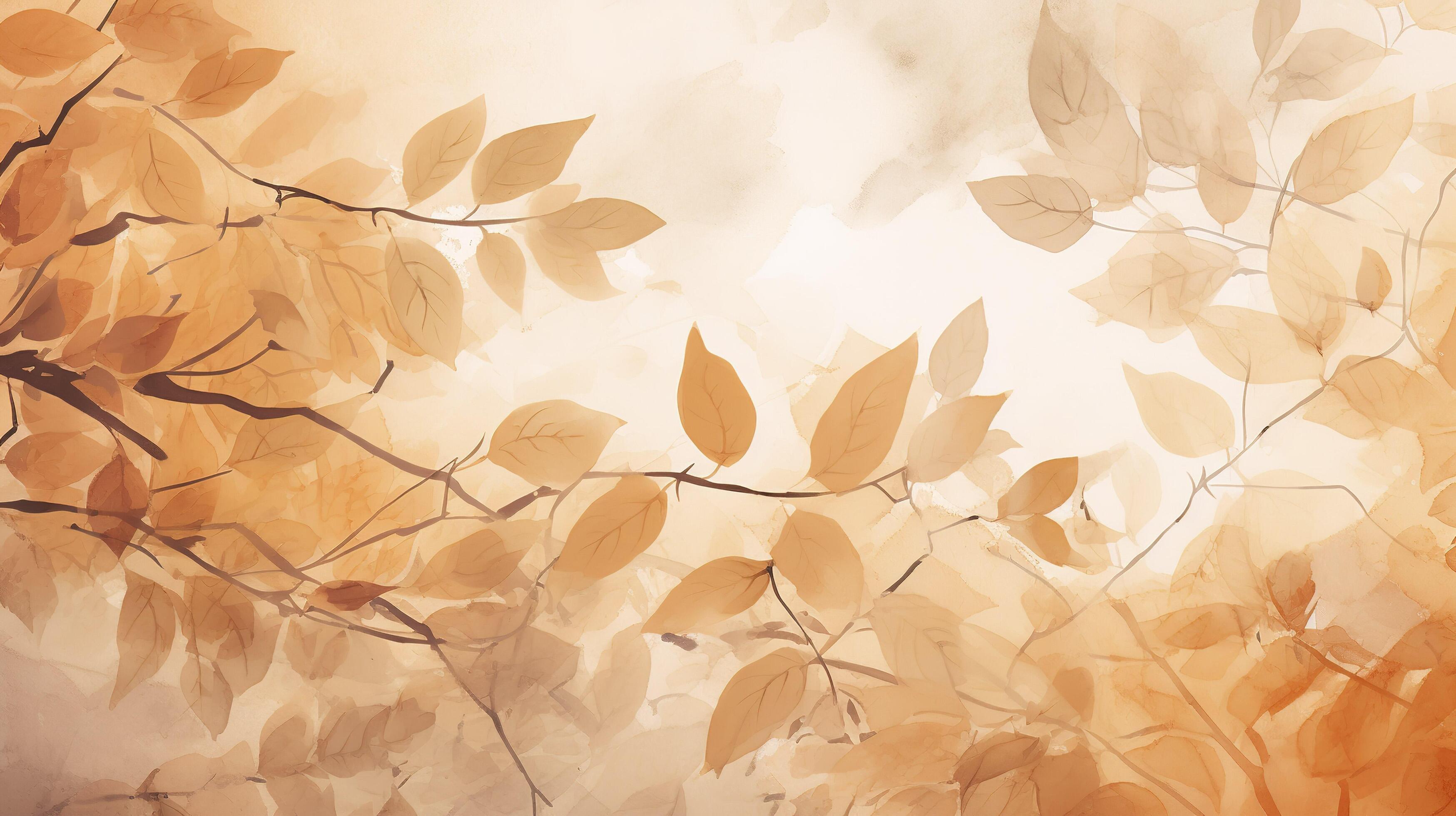 Autumn background with watercolor leaves on top, in the style of light ...