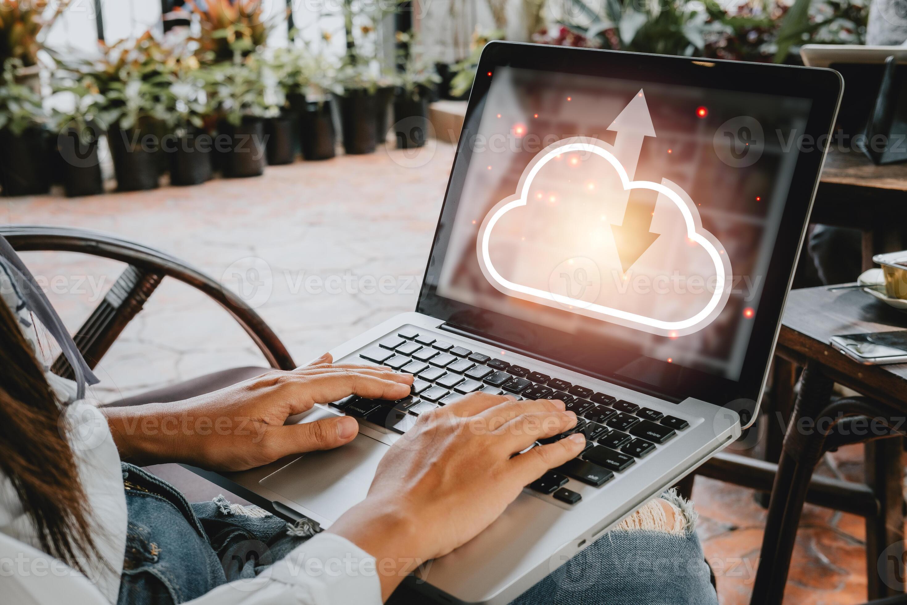 Woman hand using laptop computer with cloud computing icon, Cloud computing concept, Backup ...