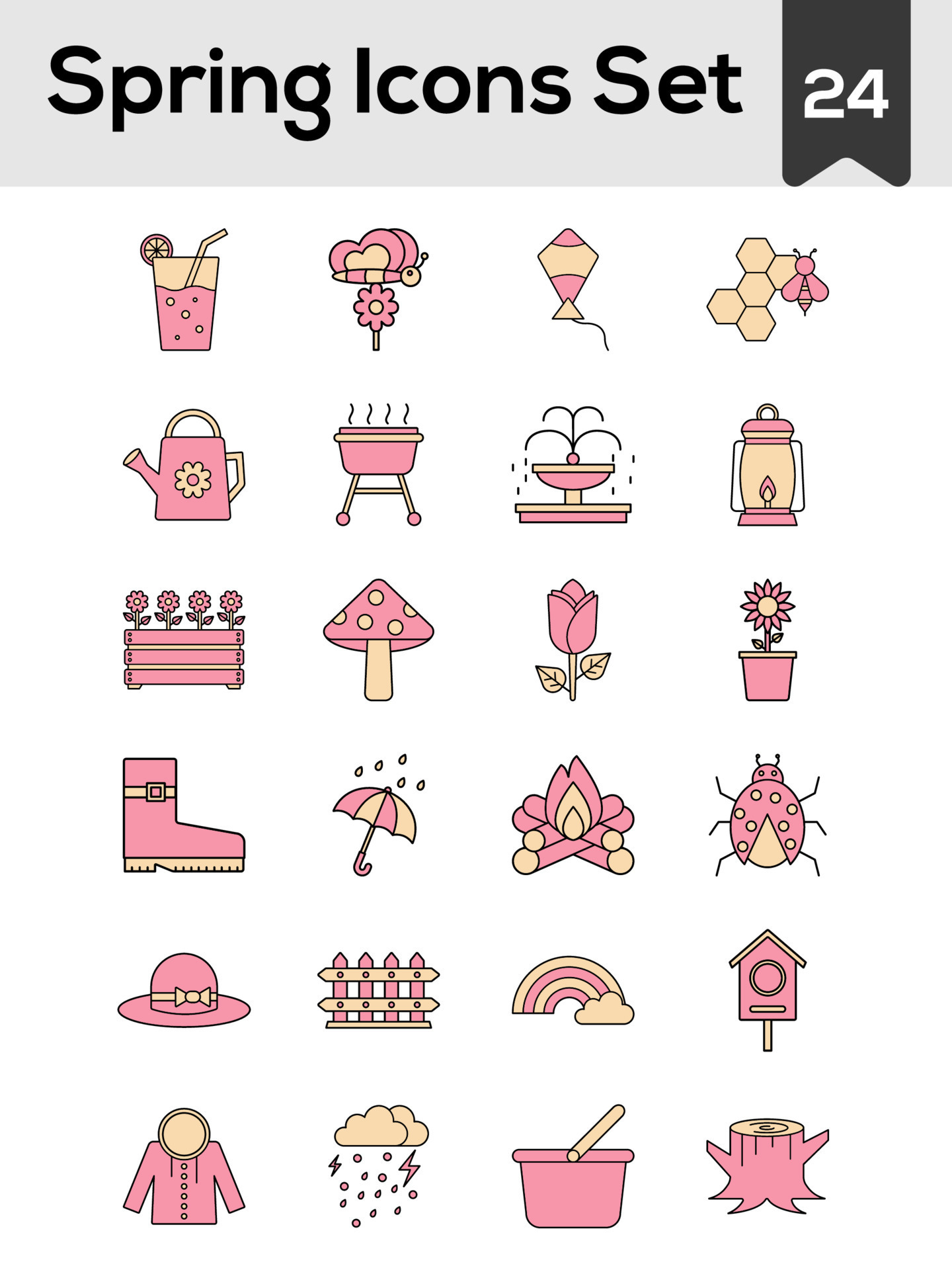 Flat Style Spring Icon Set In Pink And Peach Yellow Color. 23417863 ...
