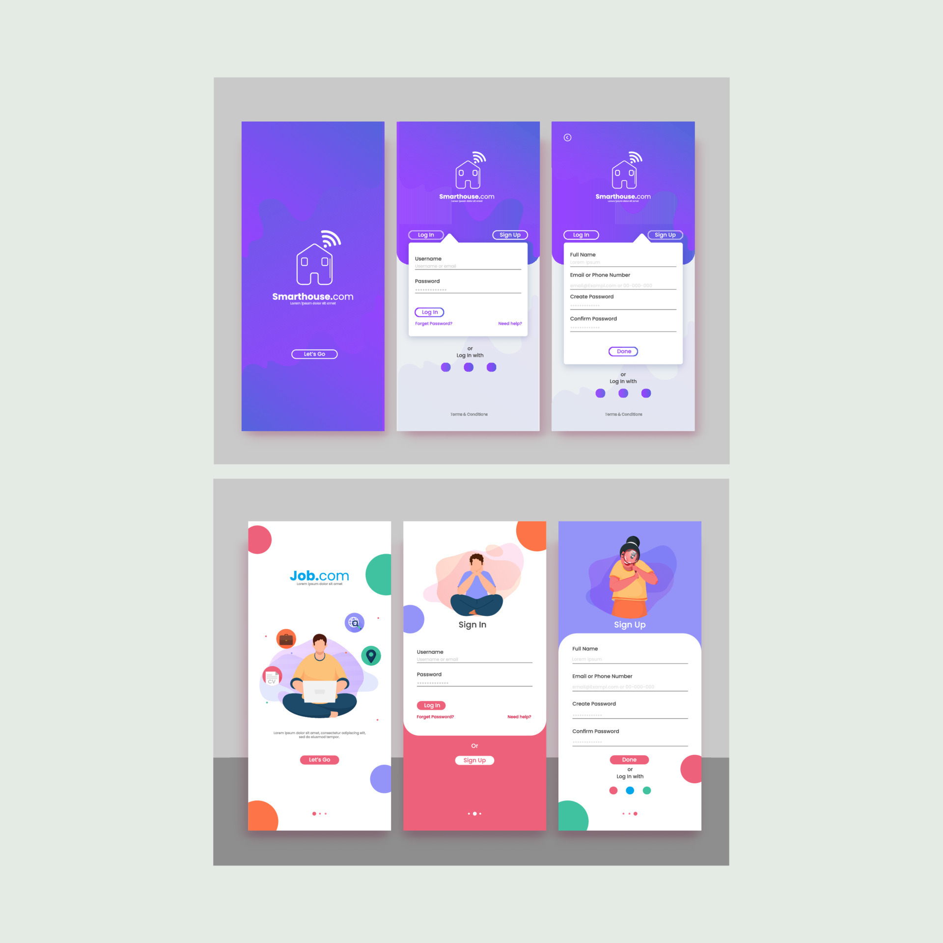 Set Of Ui Ux Gui Screens Job Recruitment And Smart House Or Real Estate App In Two Option