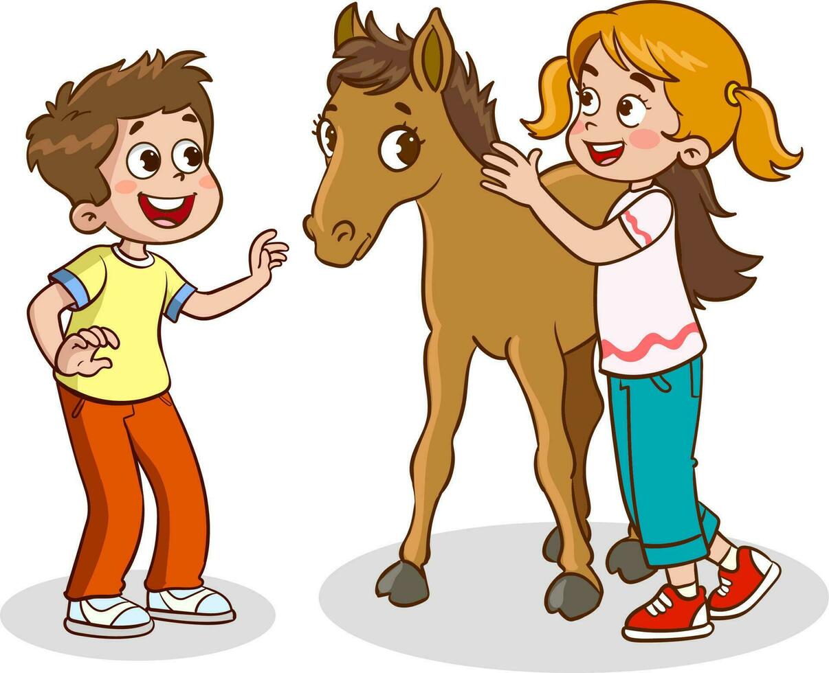 cute kids and farm animals horse cartoon vector 23423143 Vector Art at ...